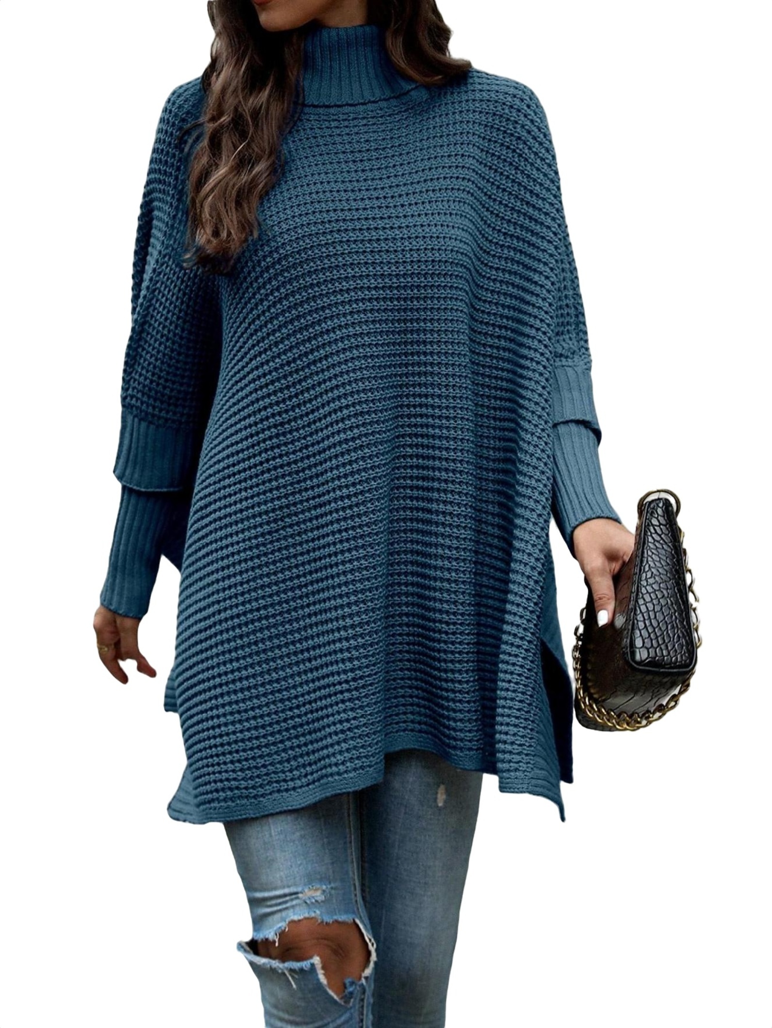 Casual Plain High Neck Poncho Long Sleeve Dusty Blue Women Sweaters ...
