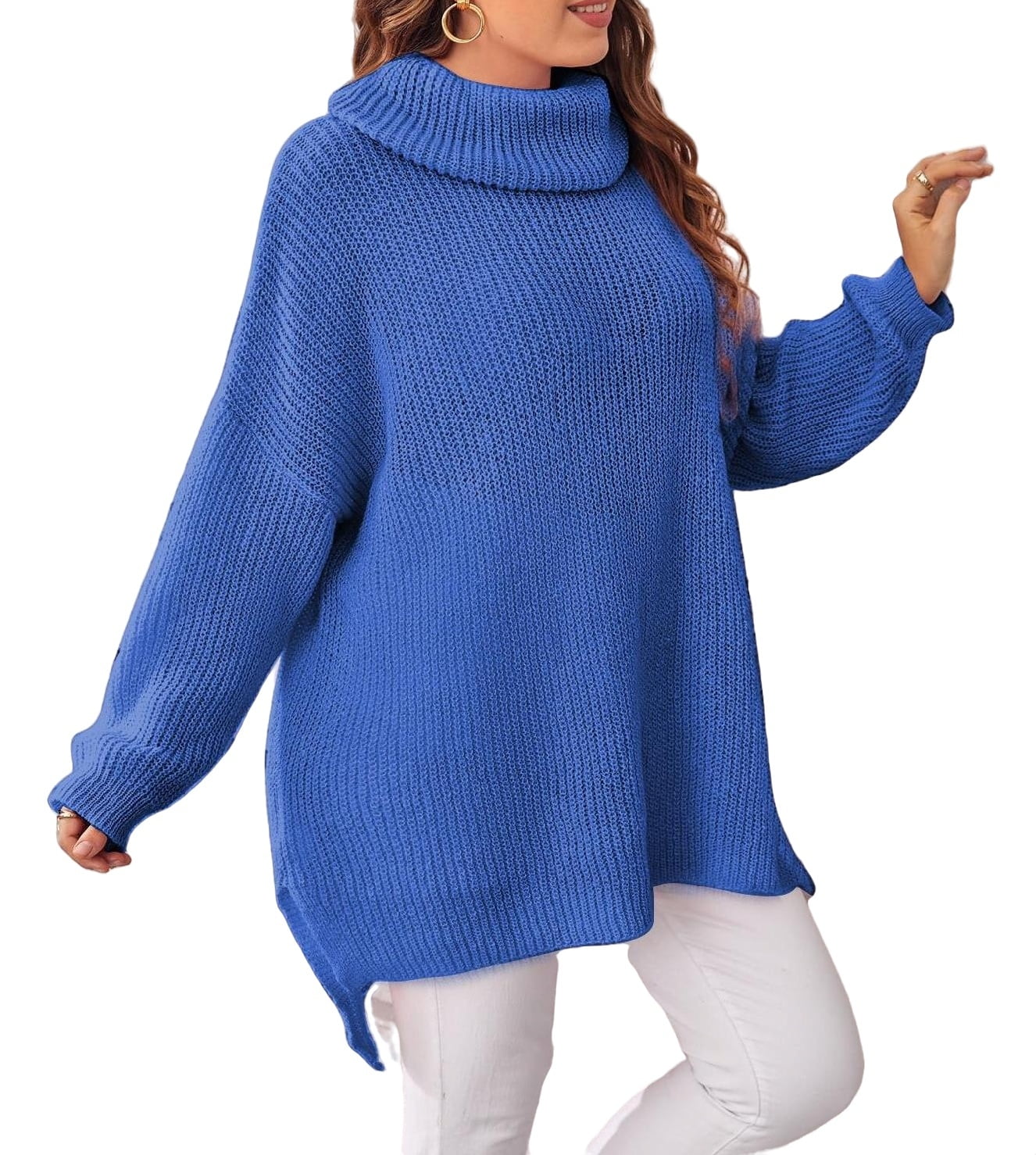 Casual Plain High Neck Pullovers Long Sleeve Blue Plus Size Sweaters ...