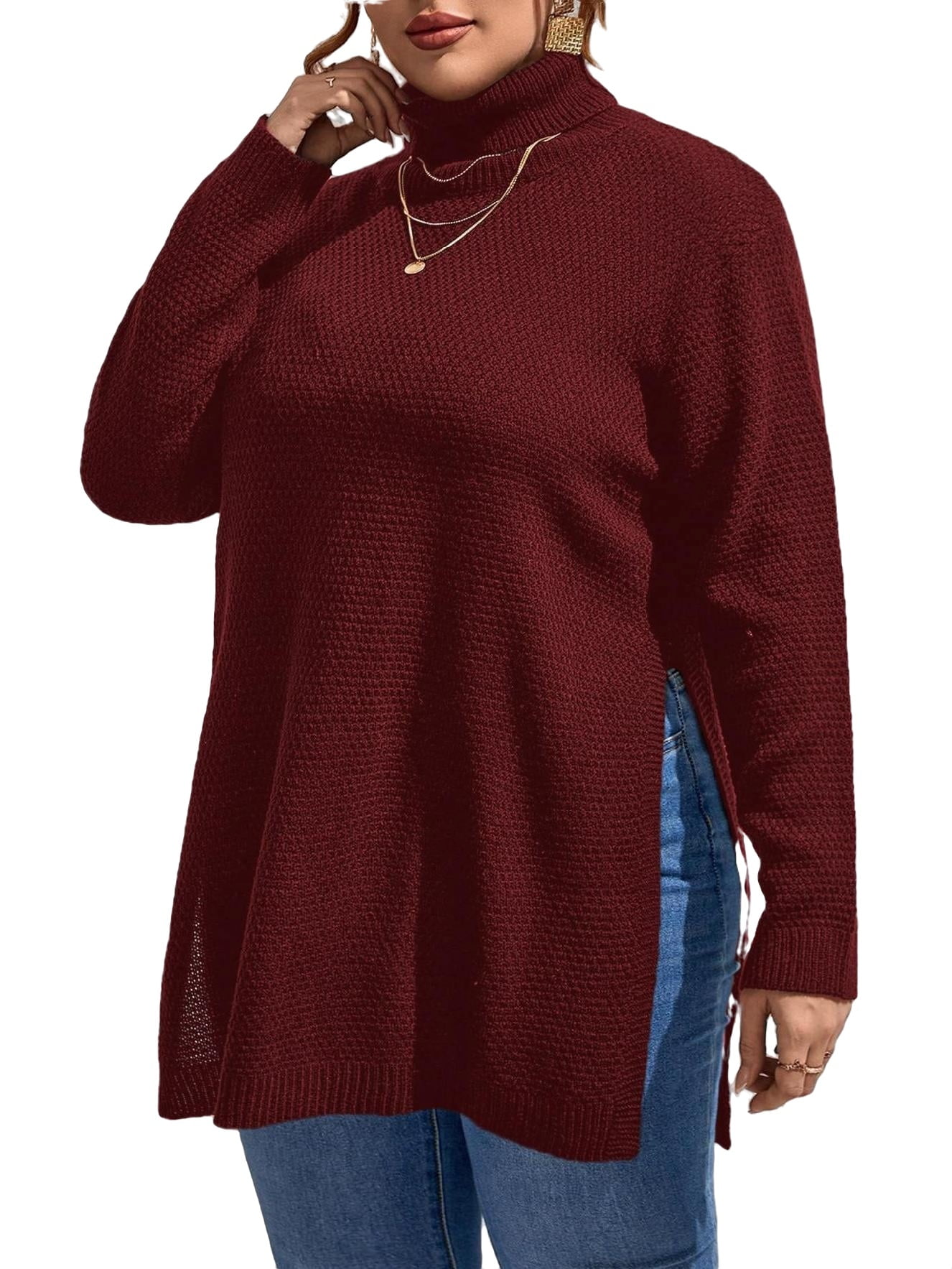 Casual Plain High Neck Pullovers Long Sleeve Burgundy Plus Size ...