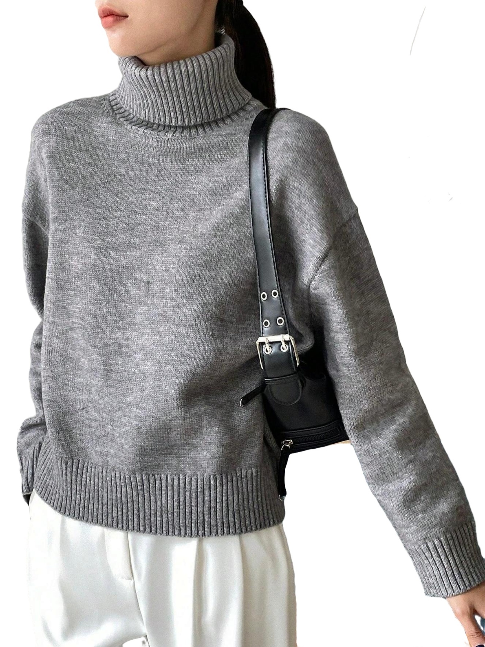 Casual Plain High Neck Pullovers Long Sleeve Grey Women Sweaters (Women ...