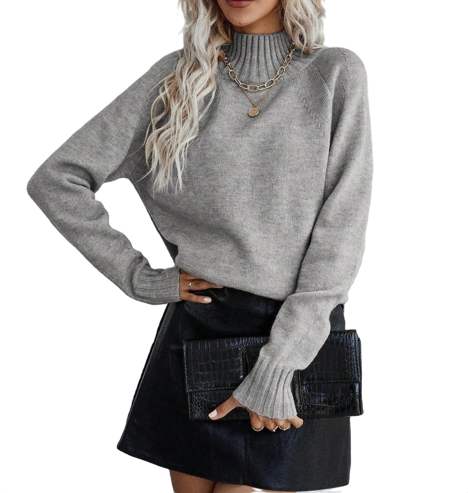 Casual Plain High Neck Pullovers Long Sleeve Light Grey Women Sweaters ...