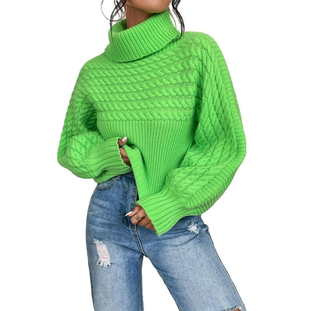 Casual Plain High Neck Pullovers Long Sleeve Lime Green Women Sweaters ...
