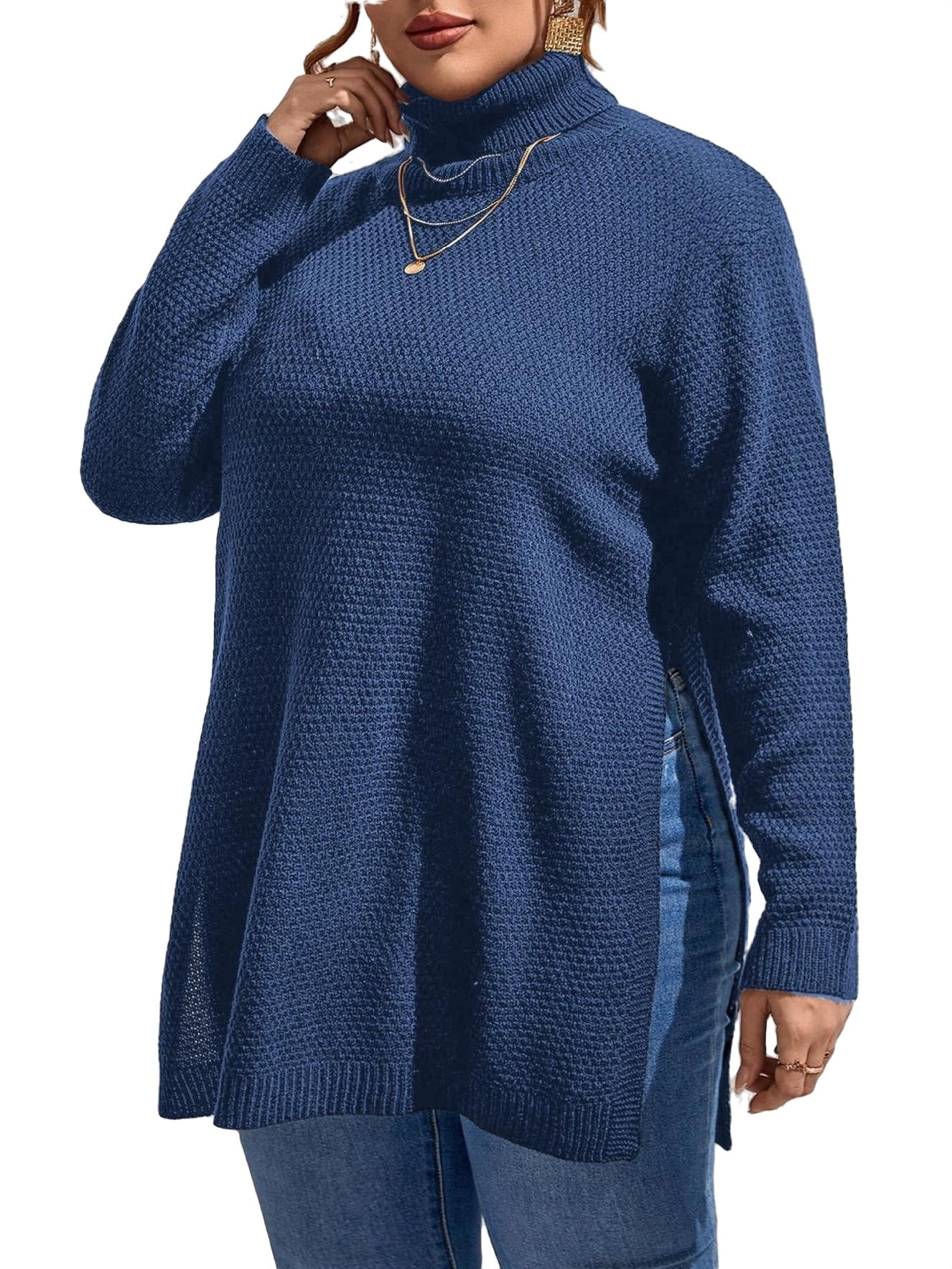 Casual Plain High Neck Pullovers Long Sleeve Navy Blue Plus Size ...