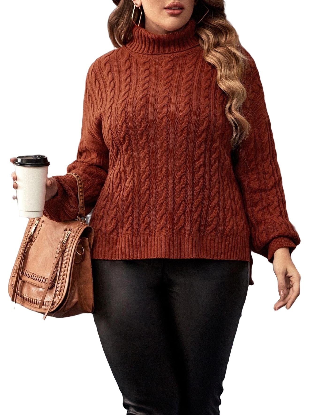 Casual Plain High Neck Pullovers Long Sleeve Rust Brown Plus Size ...