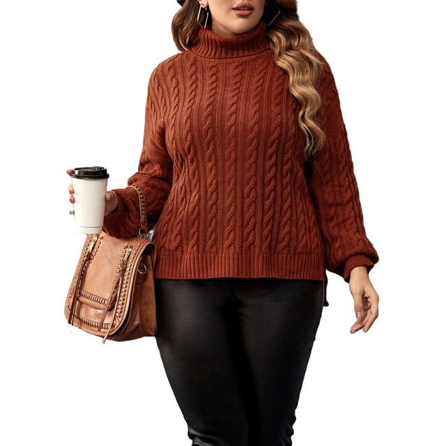 Casual Plain High Neck Pullovers Long Sleeve Rust Brown Plus Size ...