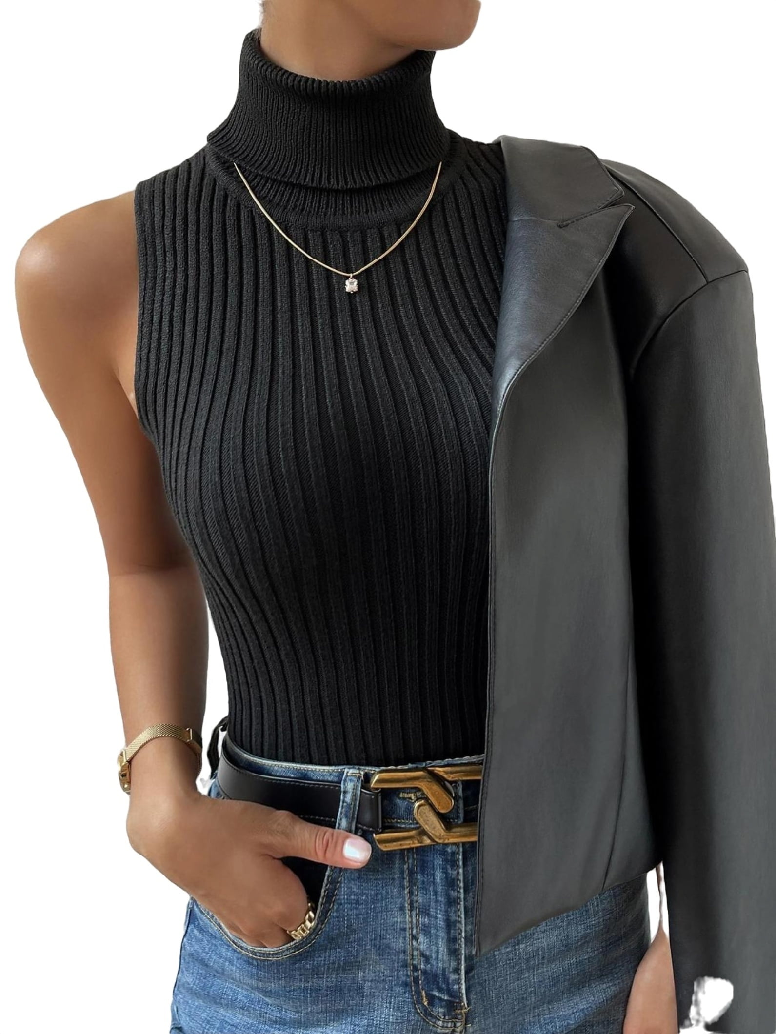 Casual Plain High Neck Sleeveless Black Women Knit Tops Womens