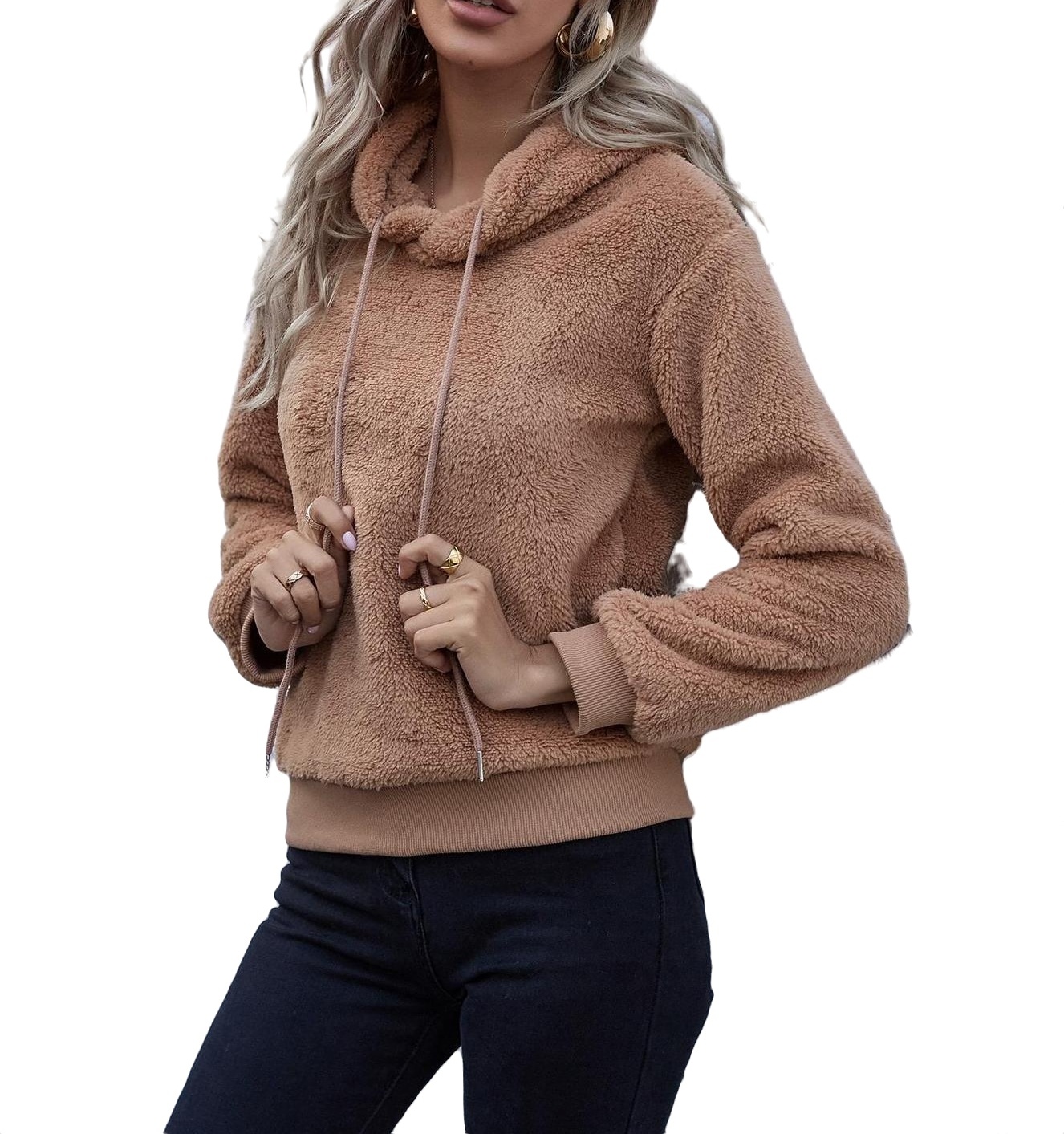 Casual Plain Hooded Pullovers Long Sleeve Camel Women Sweatshirts ...