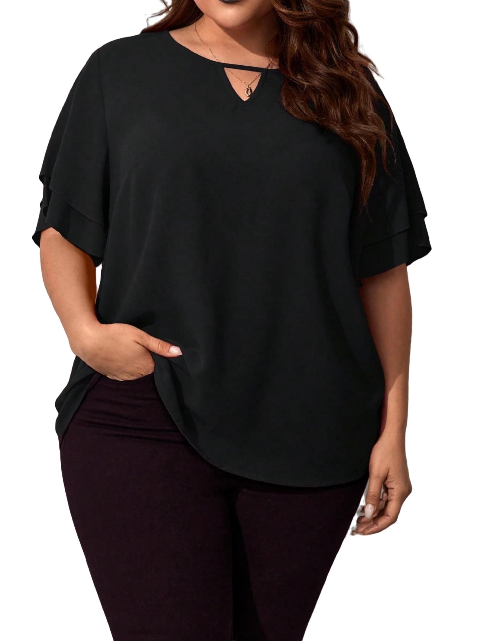 Casual Plain Keyhole Neckline Top Elbow-Length Black Plus Size Blouses ...