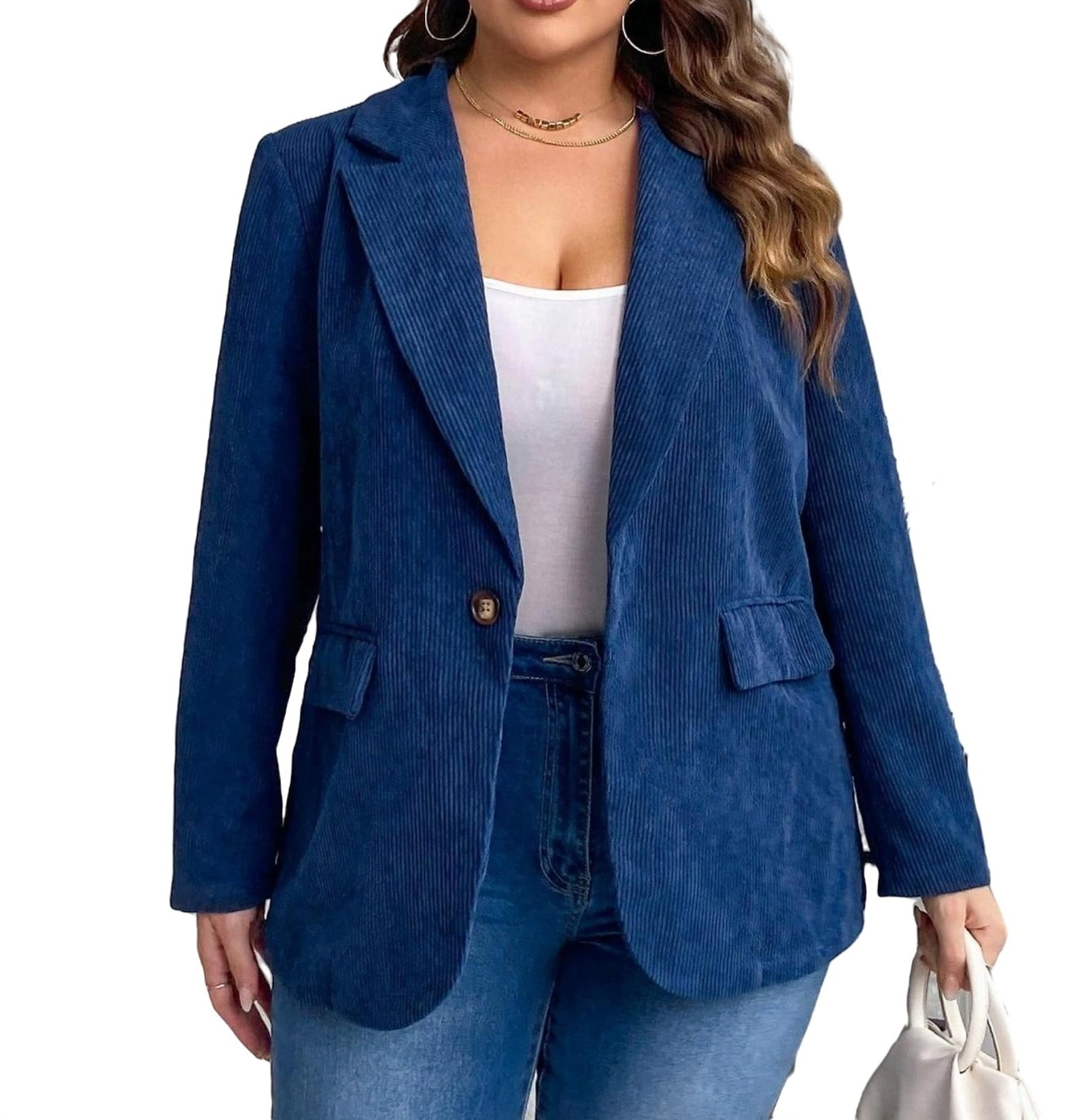 Casual Plain Lapel Neck Long Sleeve Navy Blue Plus Size Blazers (Women ...