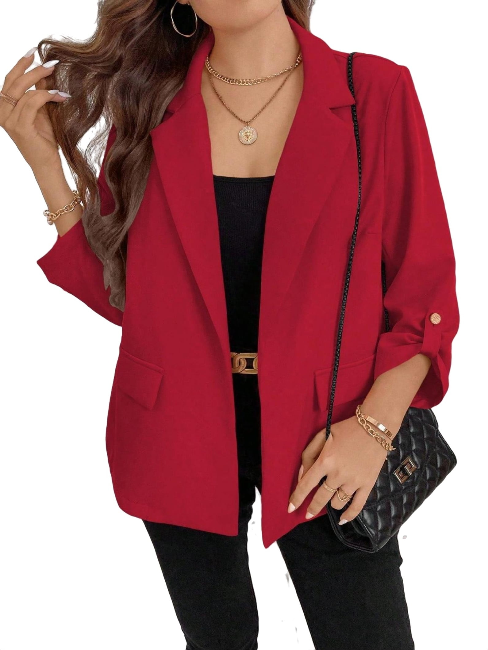 Casual Plain Lapel Neck Long Sleeve Red Plus Size Blazers (Women's ...