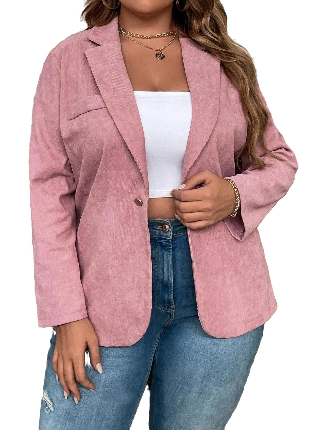 Casual Plain Lapel Neck Regular Long Sleeve Dusty Pink Plus Size ...
