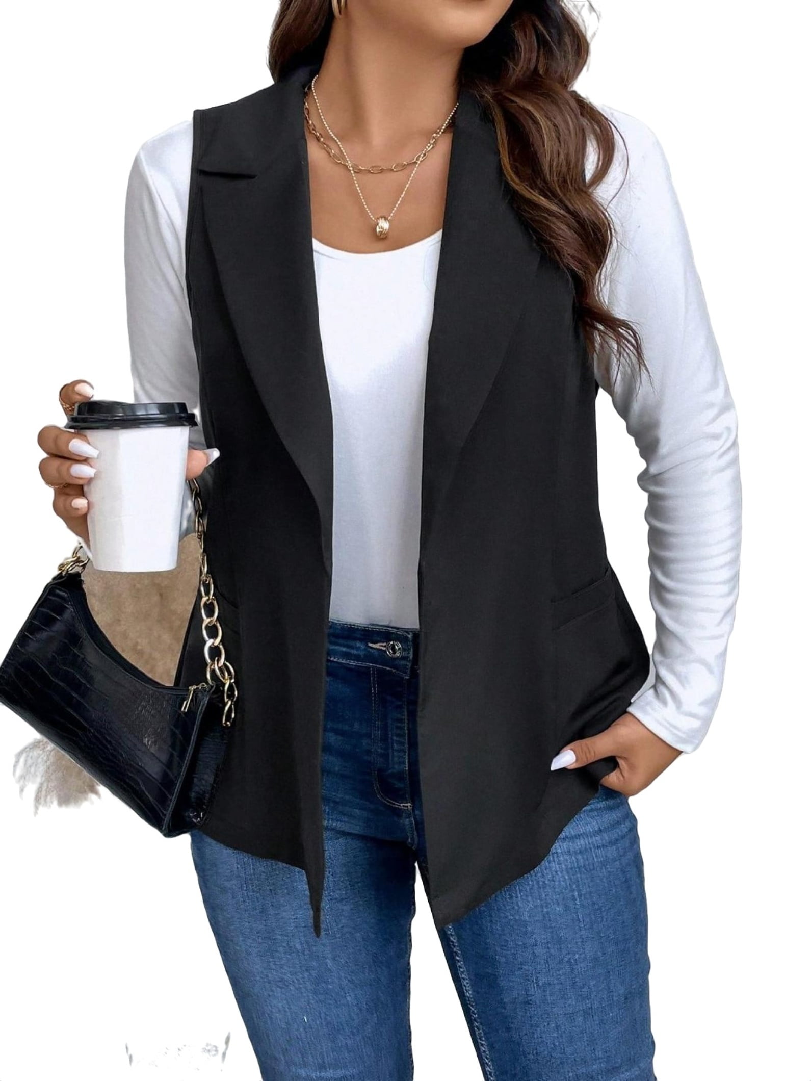 Casual Plain Lapel Neck Vest Black Plus Size Blazers (Women's ...