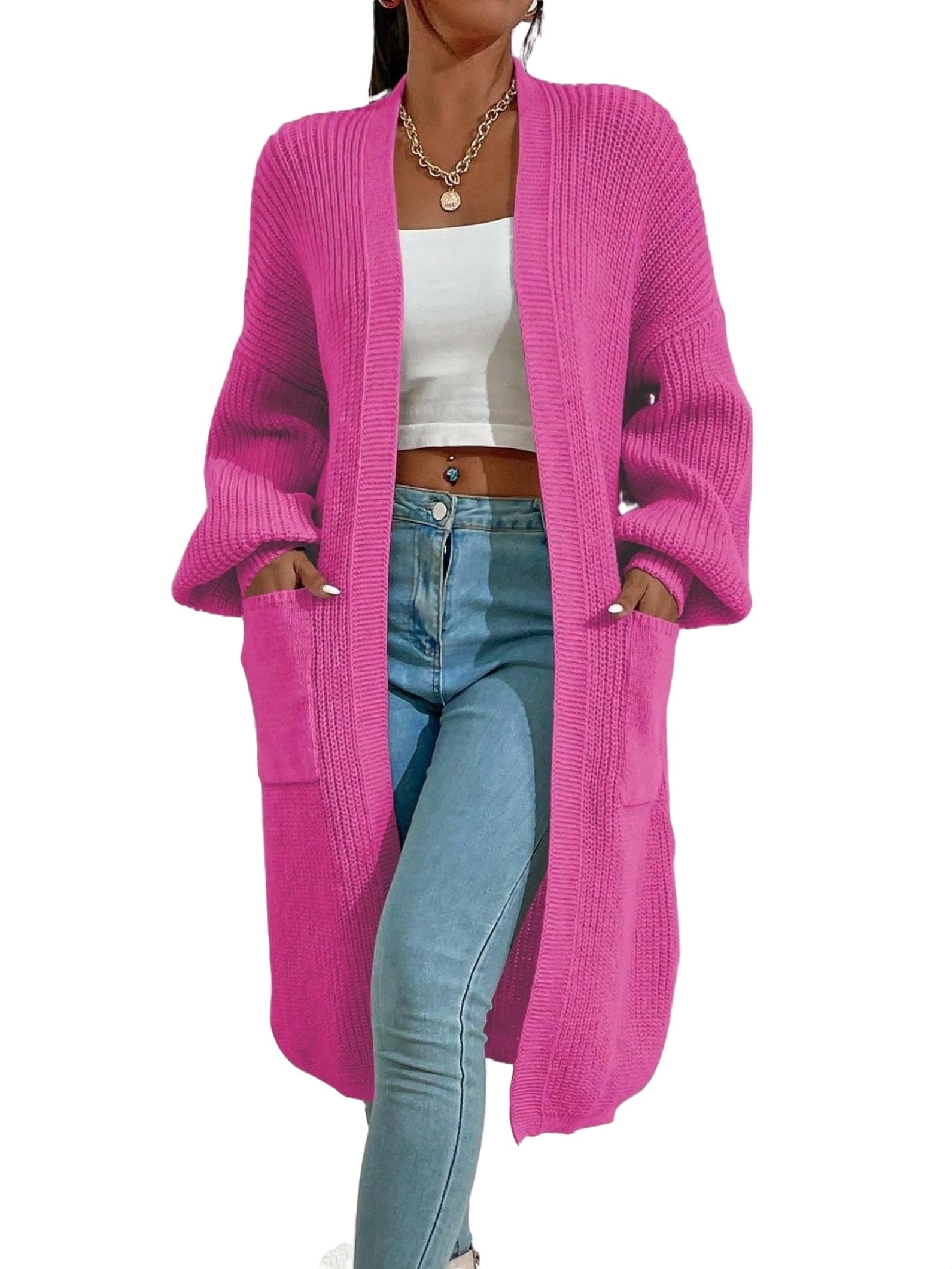 Casual Plain Long Sleeve Hot Pink Women Cardigans (Women's) - Walmart.com
