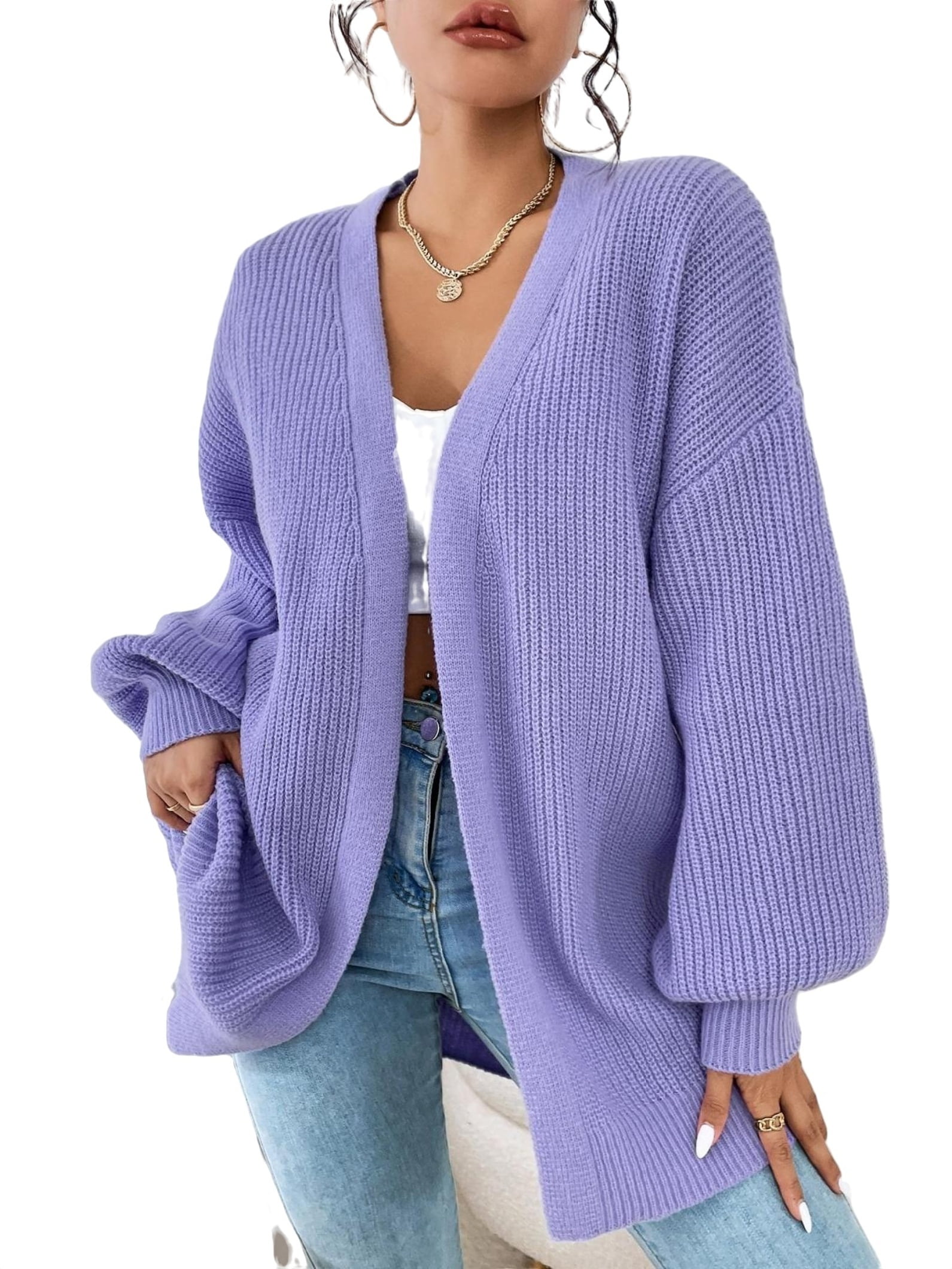 Casual Plain Long Sleeve Violet Purple Women Cardigans (Women's ...