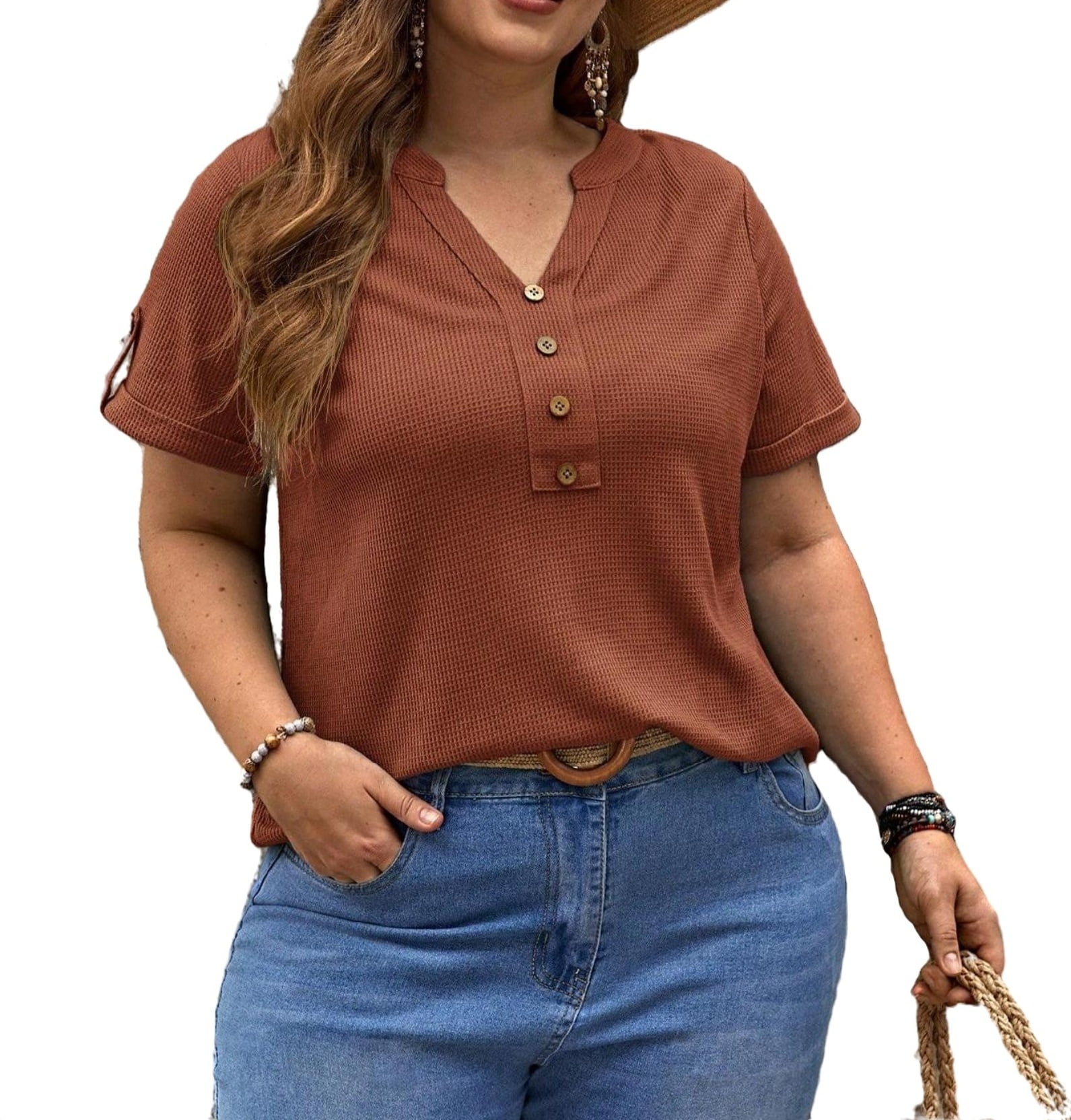 Casual Plain Notched Neck Tee Short Sleeve Rust Brown Plus Size T Shirts Womens