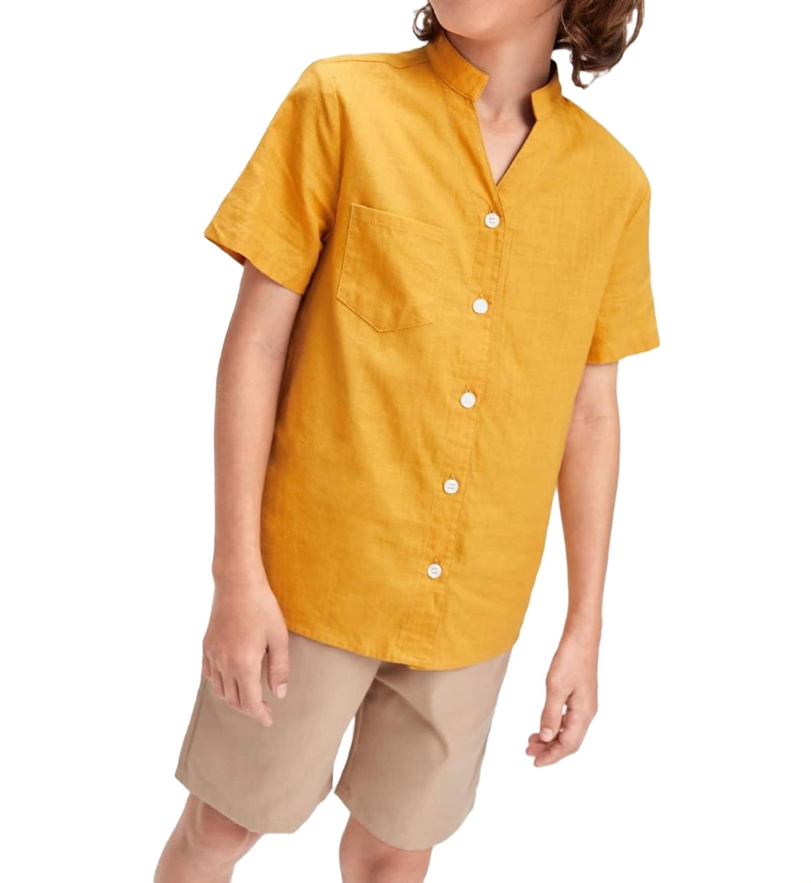 Casual Plain Notched Shirt Short Sleeve Mustard Yellow Tween Boys ...