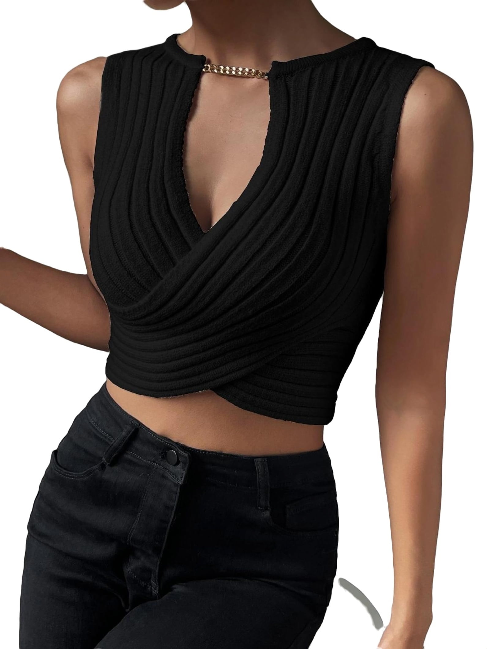 Casual Plain Notched Sleeveless Black Women Knit Tops Womens
