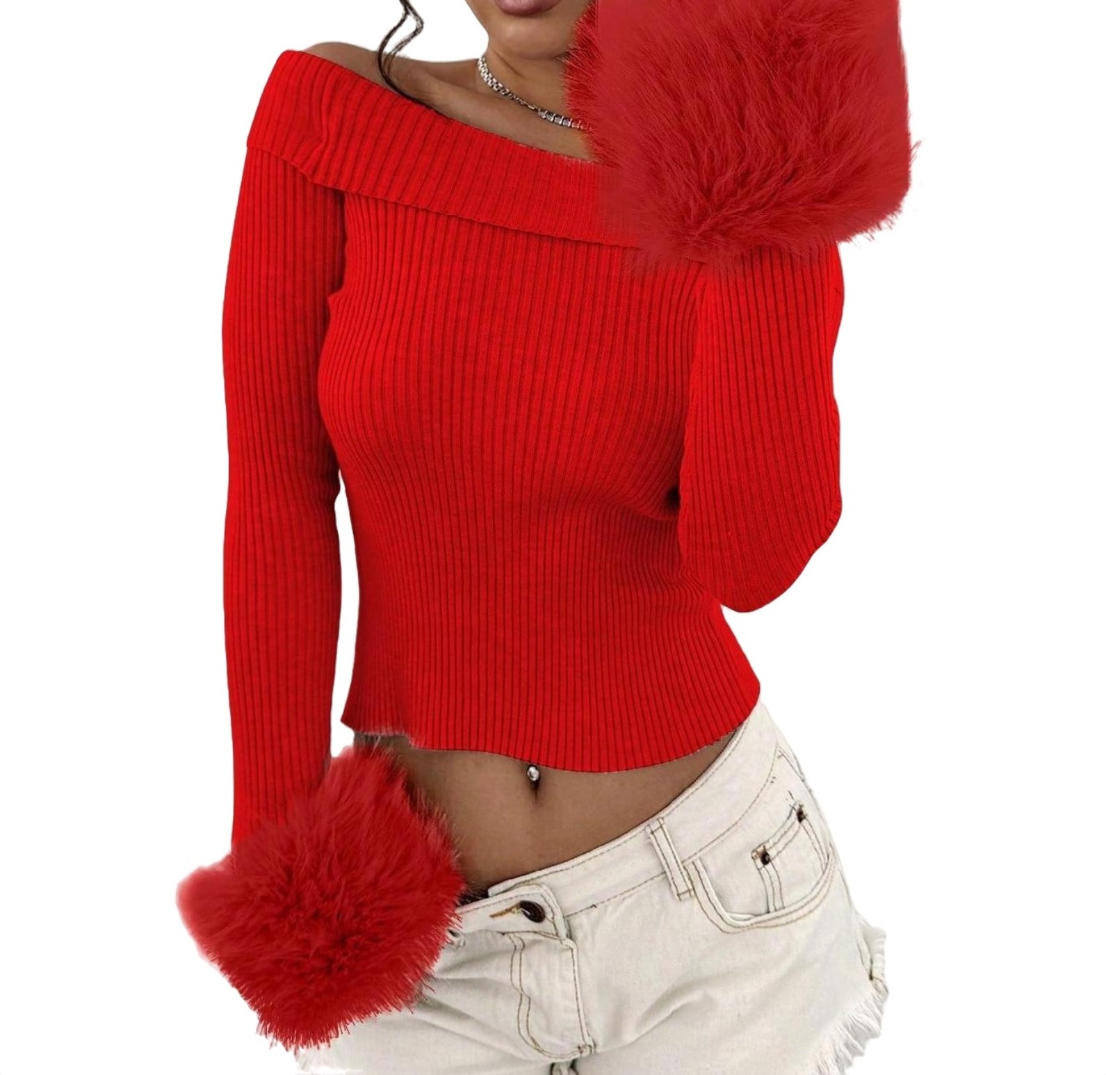 Casual Plain Off the Shoulder Pullovers Long Sleeve Red Women Sweaters ...