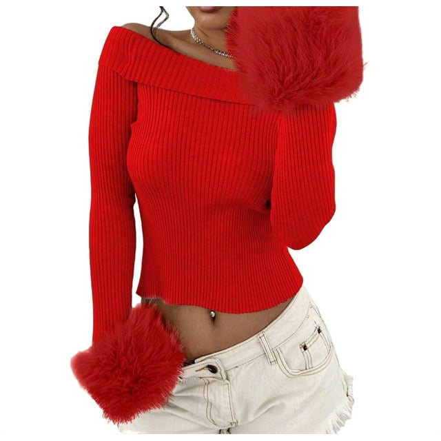 Casual Plain Off the Shoulder Pullovers Long Sleeve Red Women Sweaters ...