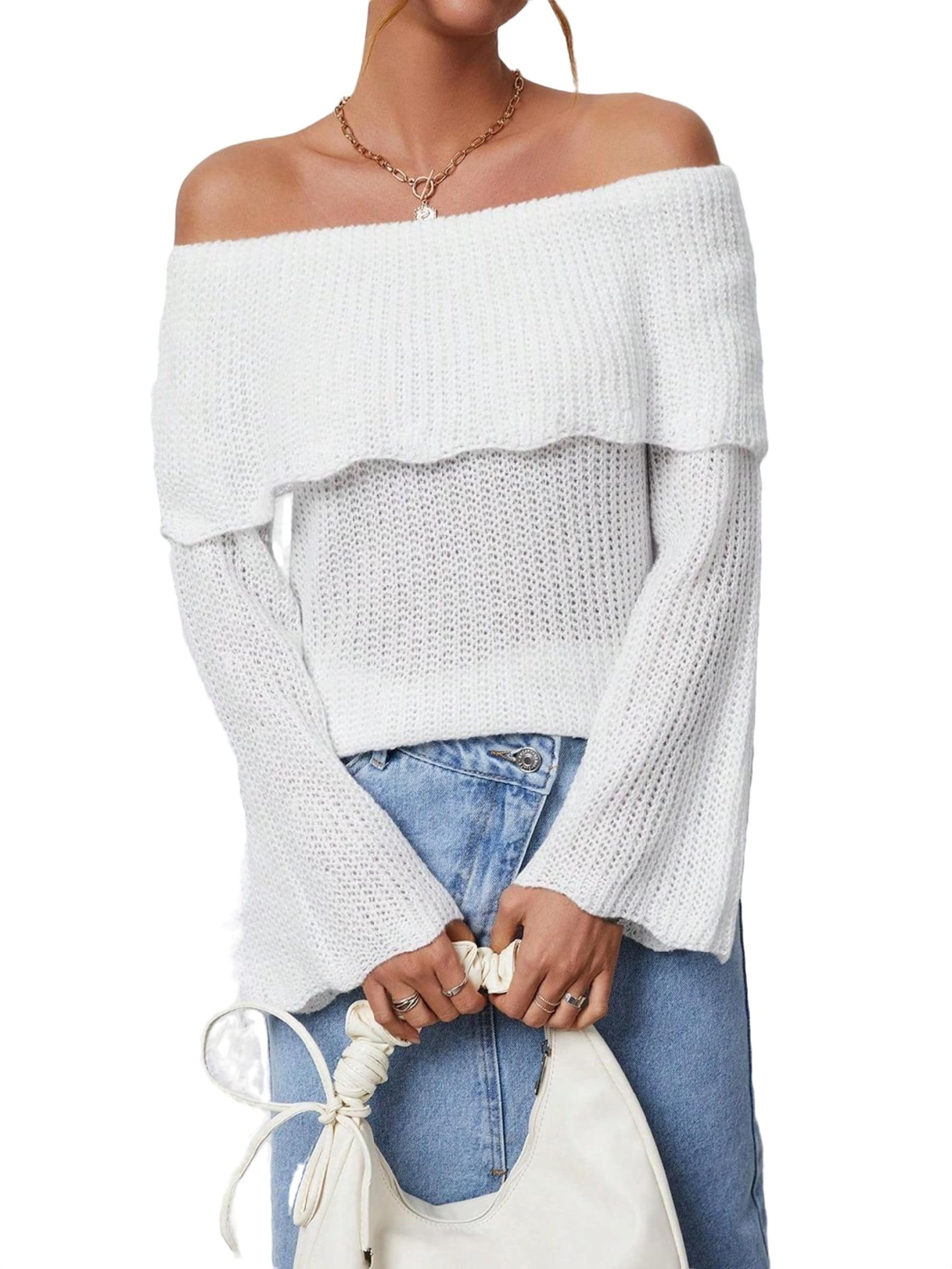Stunning Off The Shoulder White Sweater Pictures