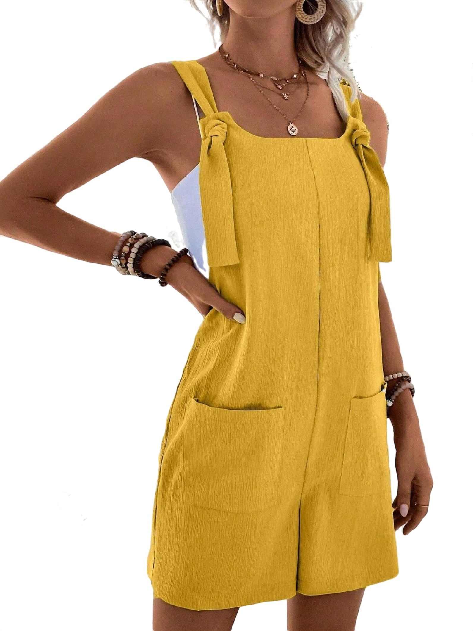 Casual Plain Overall Romper Straps Yellow Women Jumpsuits - Walmart.com