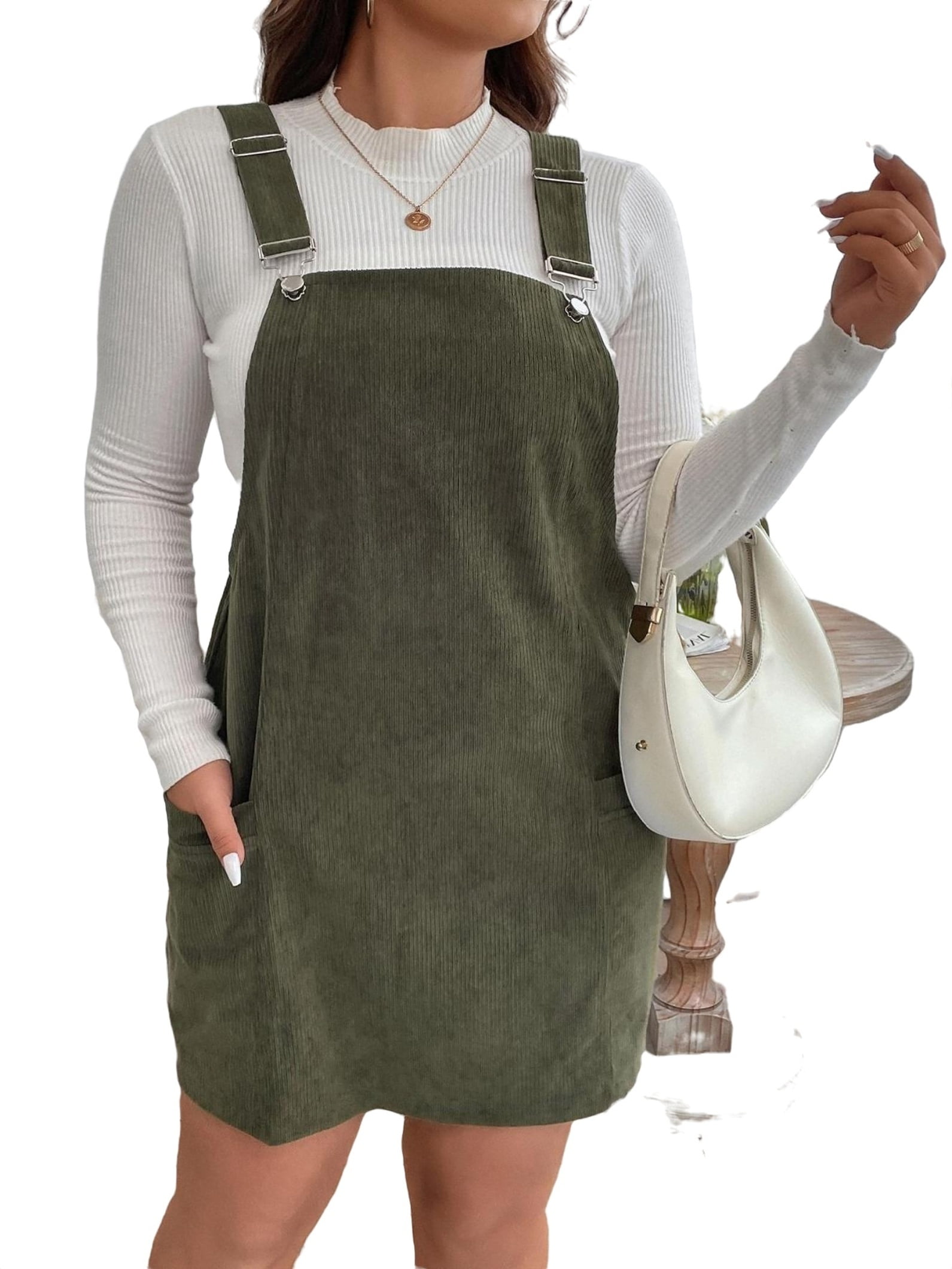 Casual Plain Pinafore Straps Army Green Plus Size Dresses - Walmart.com