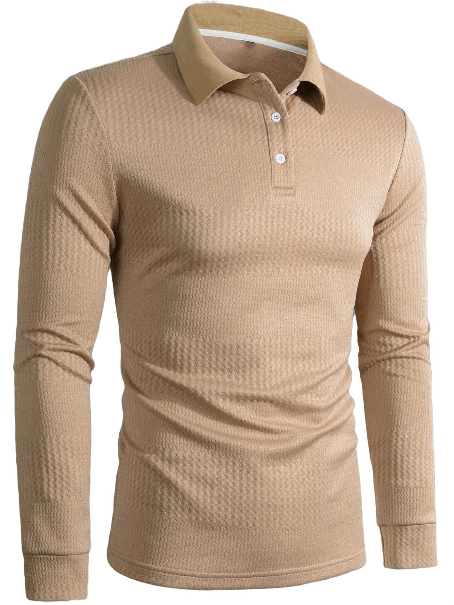 Casual Plain Polo Shirt Khaki Long Sleeve Men Polo Shirt - Walmart.com