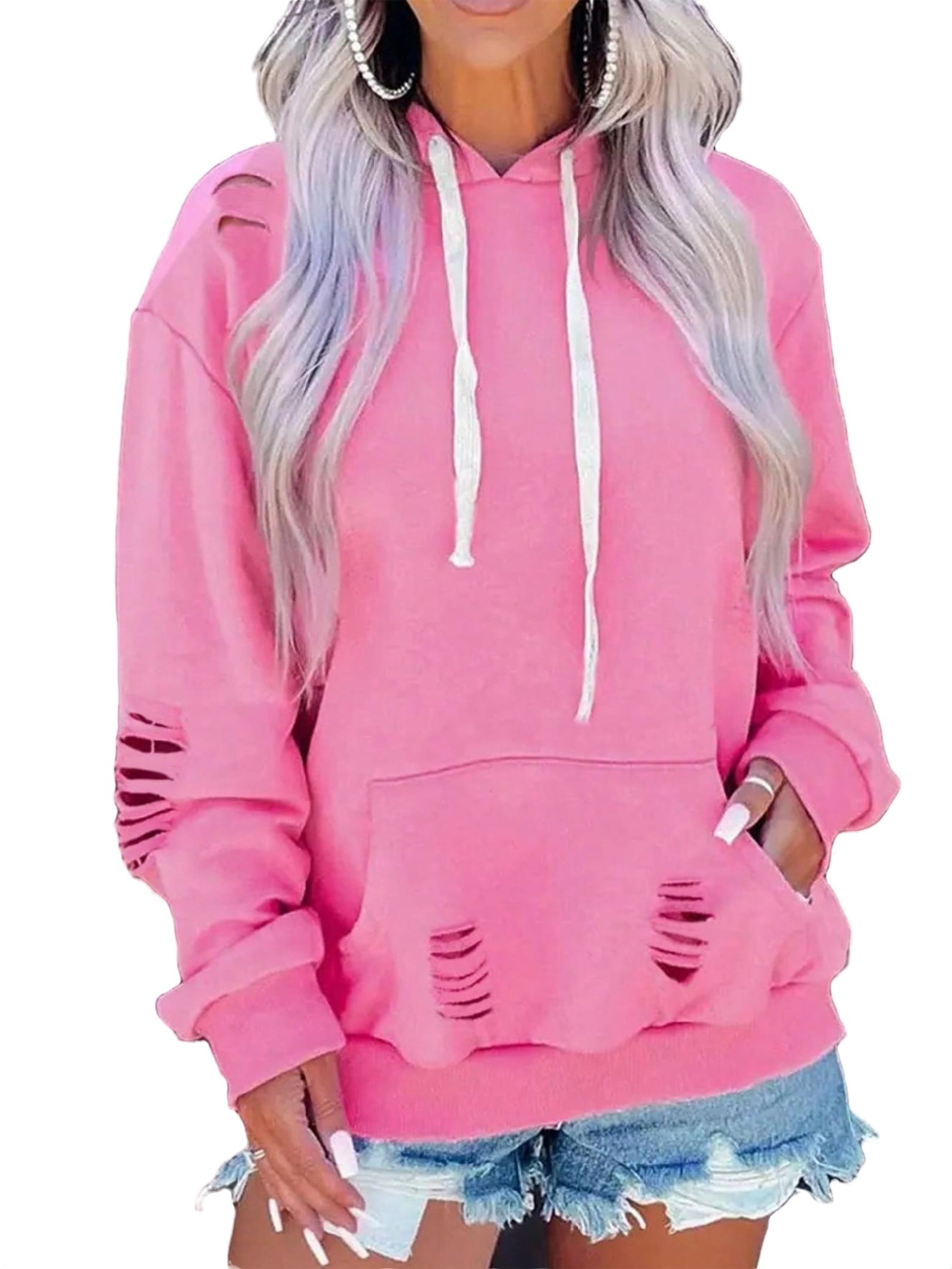 Casual Plain Pullovers Hooded Pink Plus Size Sweatshirts - Walmart.com