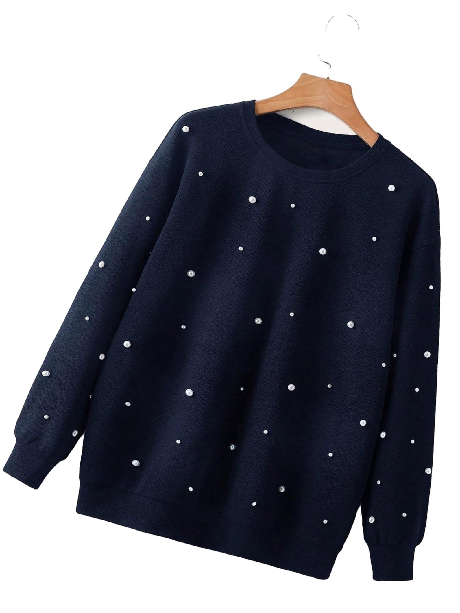 Casual Plain Pullovers Round Neck Navy Blue Plus Size Sweatshirts ...