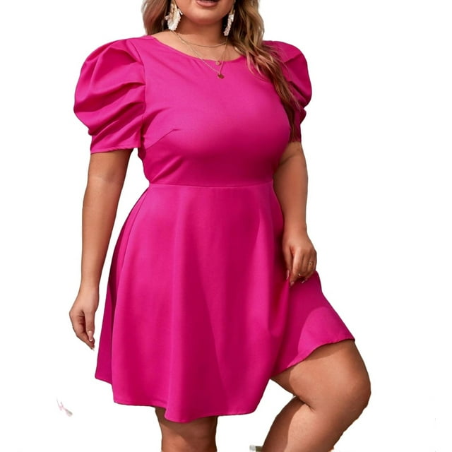 Casual Plain Round Neck A Line Hot Pink Plus Size Dresses (Women's ...