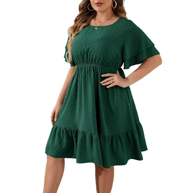 Casual Plain Round Neck A Line Short Sleeve Dark Green Plus Size ...