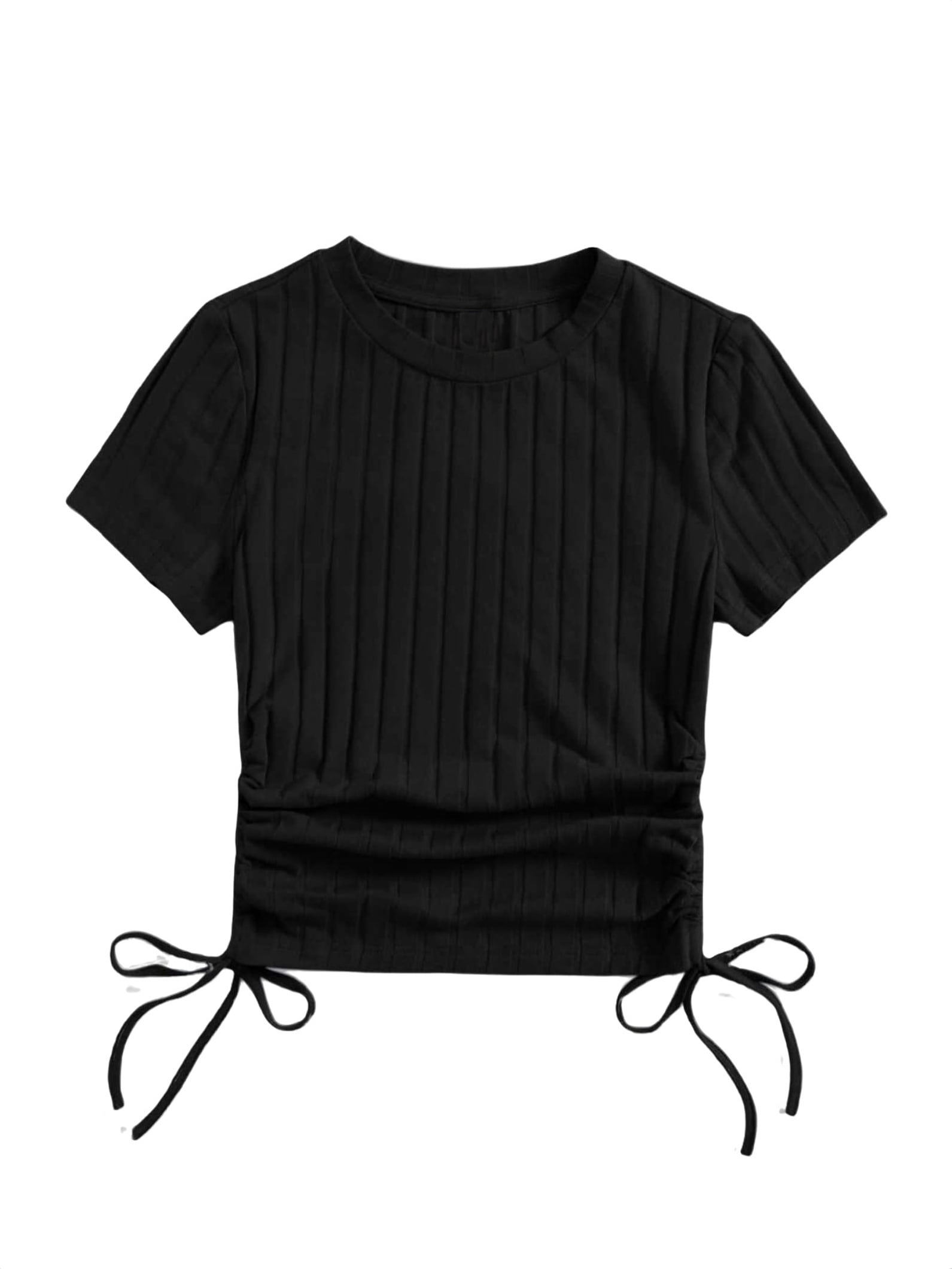 Casual Plain Round Neck Crop Tee Top Short Sleeve Black Women T-Shirts ...