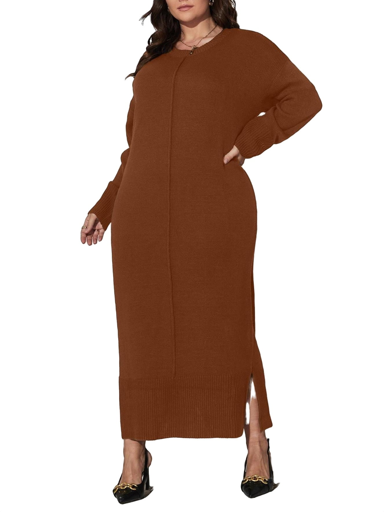 Casual Plain Round Neck Long Sleeve Coffee Brown Plus Size Sweater ...