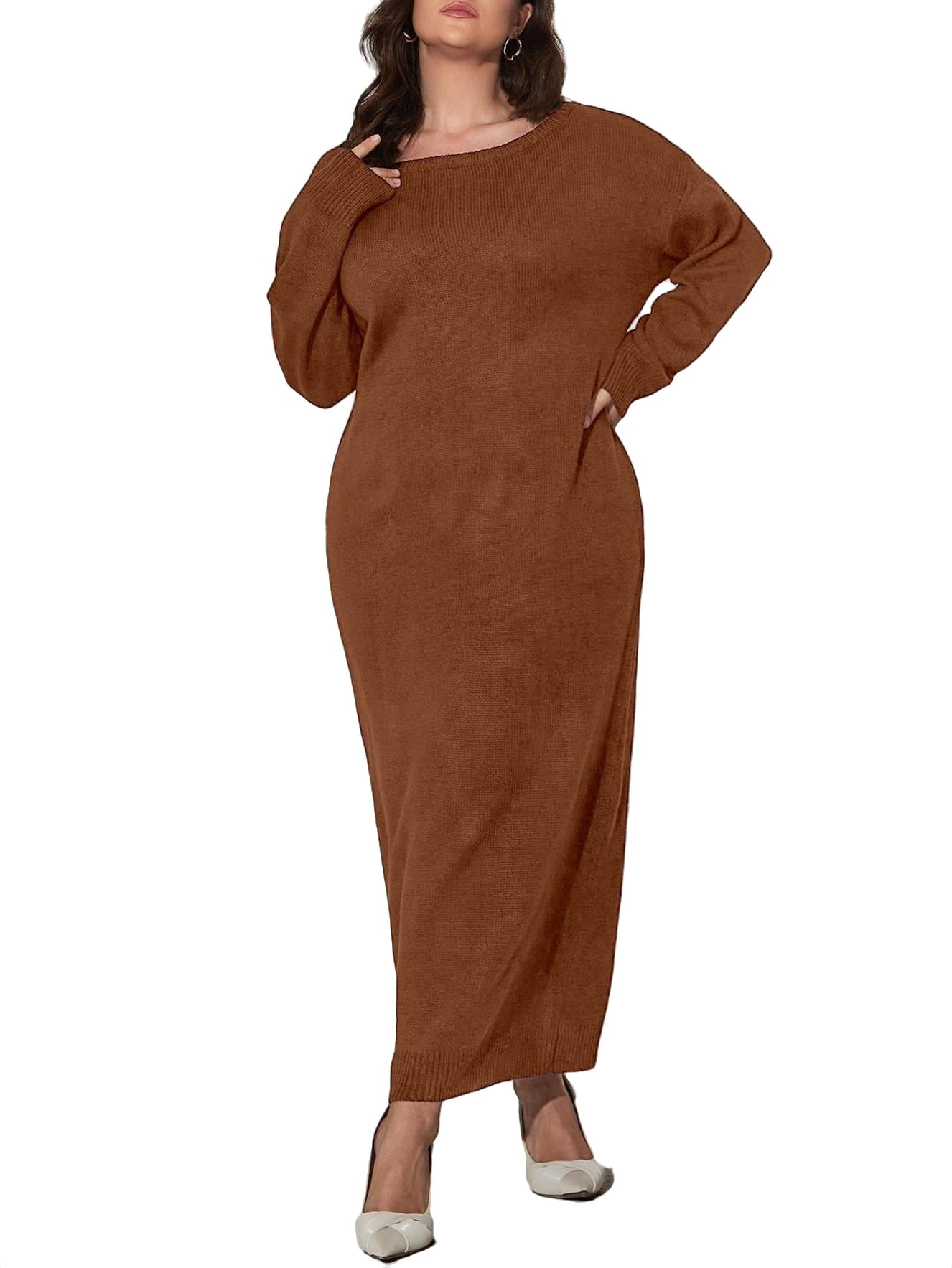 Casual Plain Round Neck Long Sleeve Coffee Brown Plus Size Sweater ...