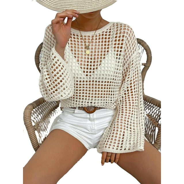 Casual Plain Round Neck Pullovers Long Sleeve Apricot Women Sweaters