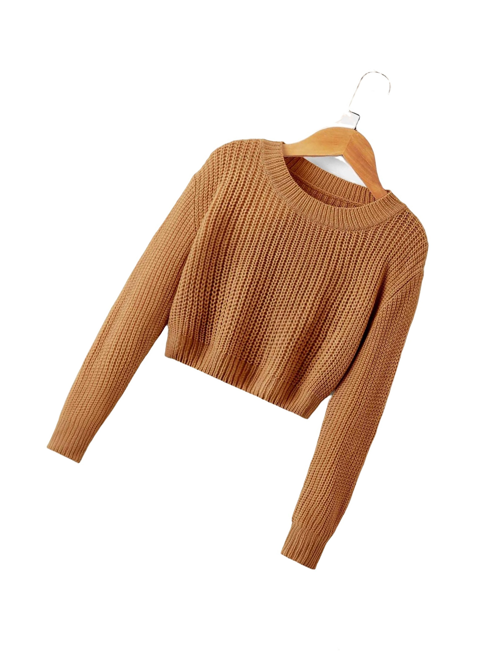 Casual Plain Round Neck Pullovers Long Sleeve Brown Girls Sweaters ...