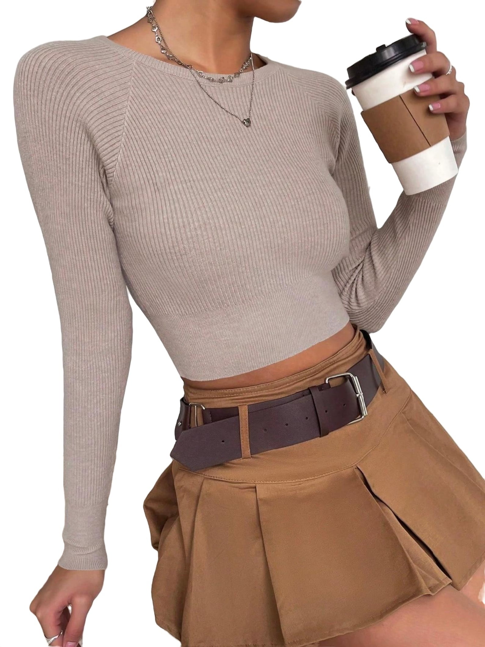Casual Plain Round Neck Pullovers Long Sleeve Camel Women Sweaters