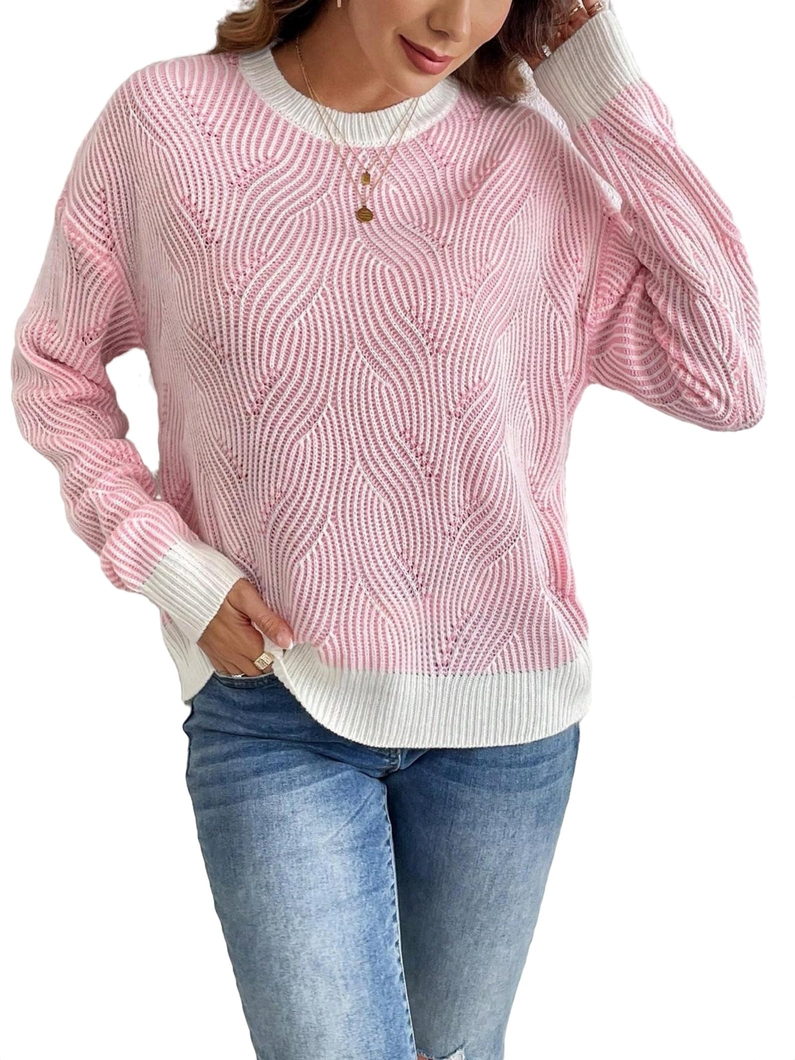 Casual Plain Round Neck Pullovers Long Sleeve Pink Women Sweaters