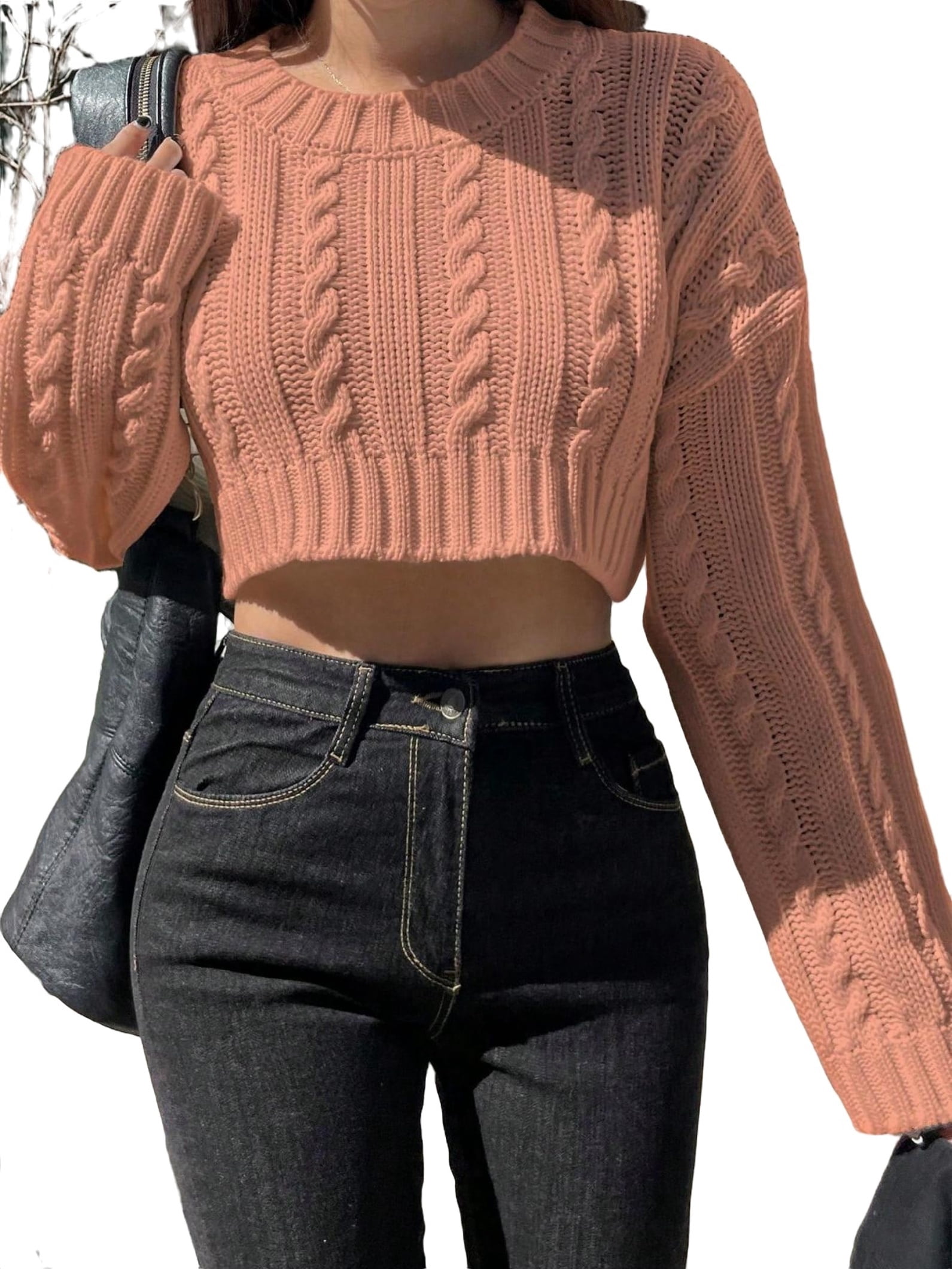 Casual Plain Round Neck Pullovers Long Sleeve Pink Women Sweaters ...