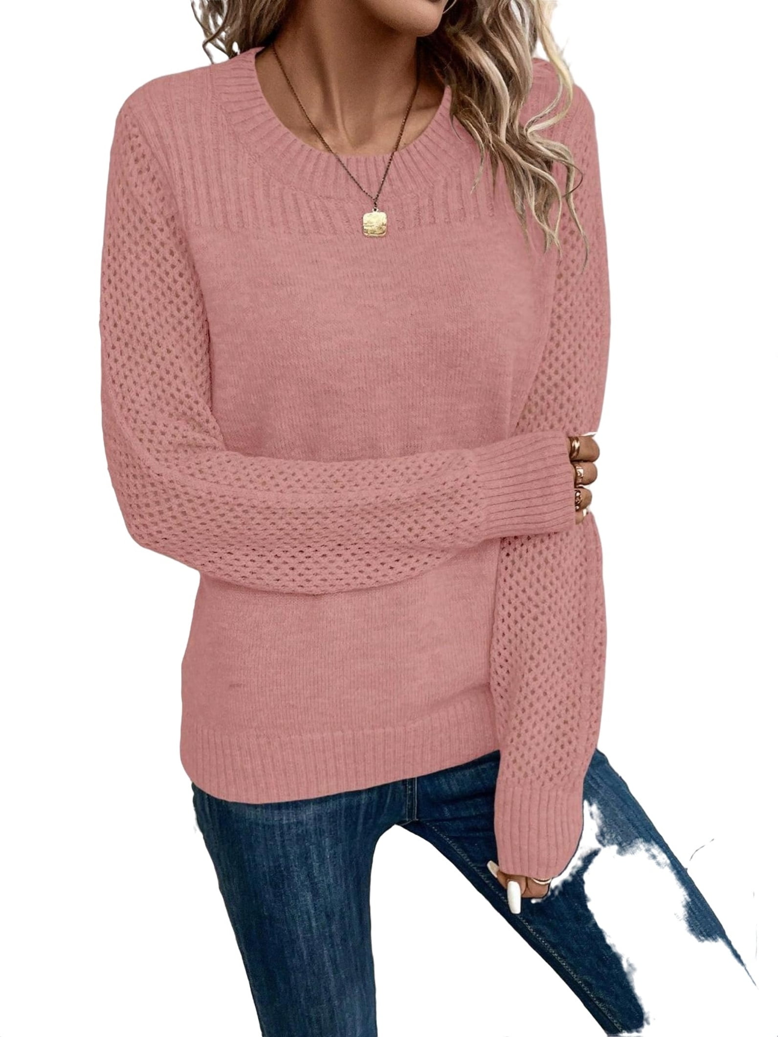 Casual Plain Round Neck Pullovers Long Sleeve Pink Women Sweaters