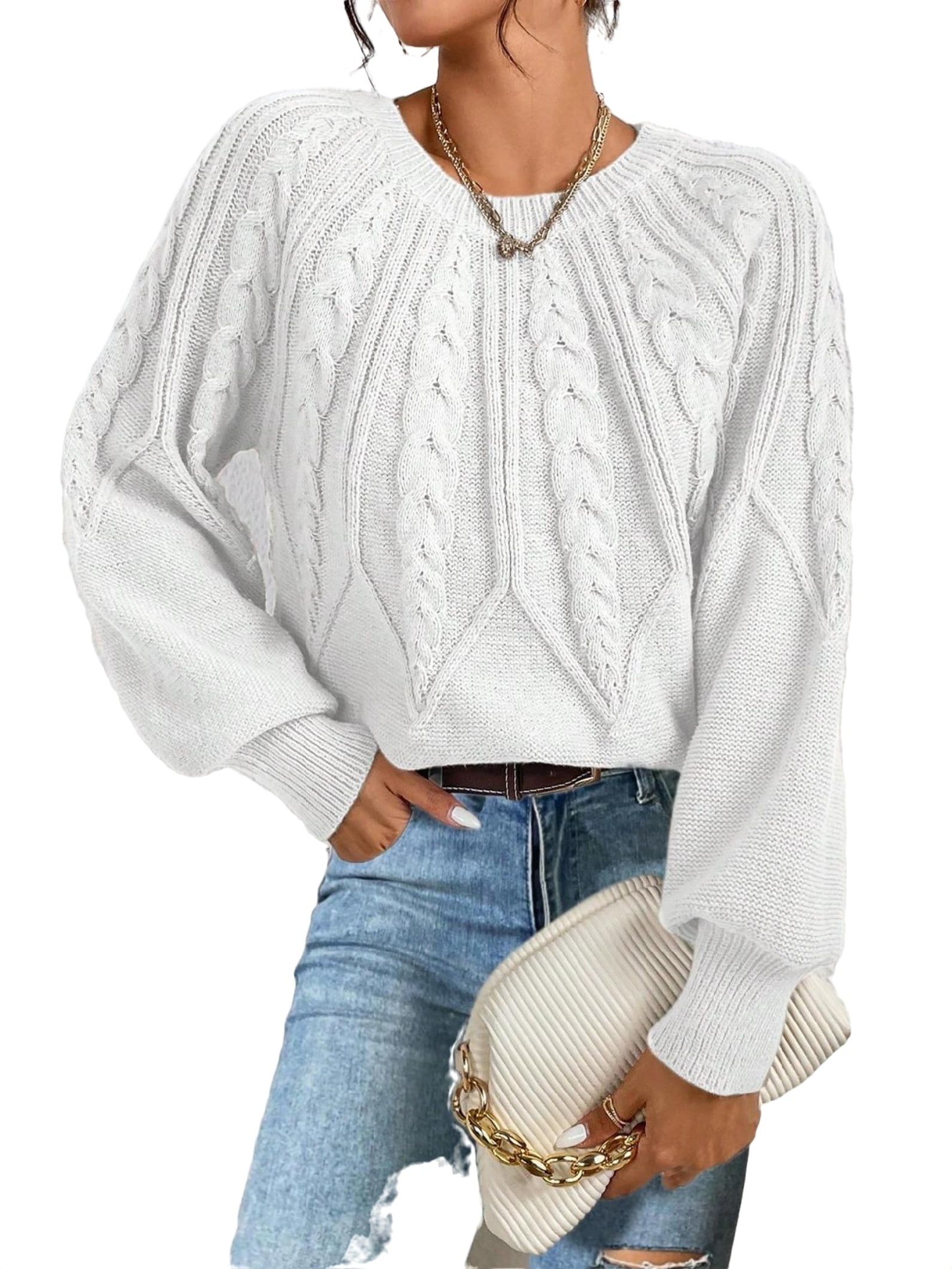 Casual Plain Round Neck Pullovers Long Sleeve White Women Sweaters ...