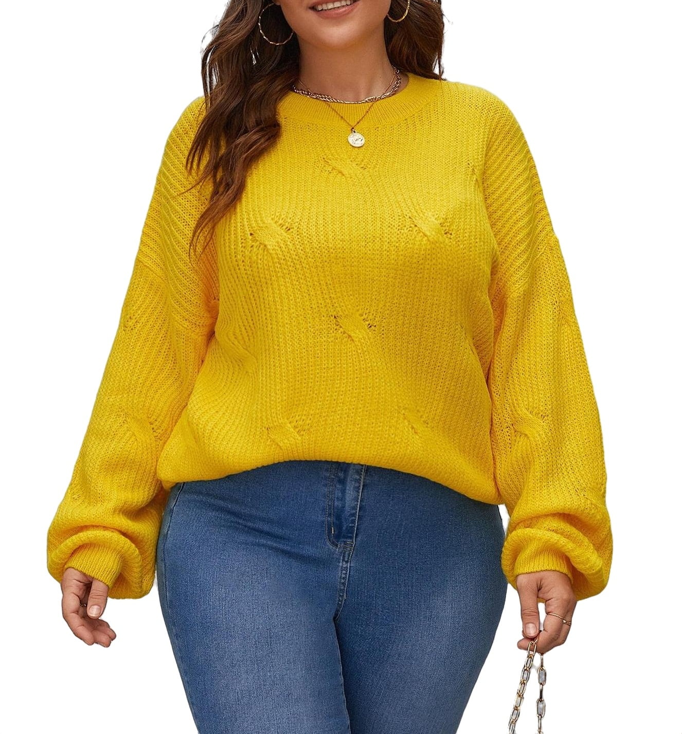 Casual Plain Round Neck Pullovers Long Sleeve Yellow Plus Size Sweaters