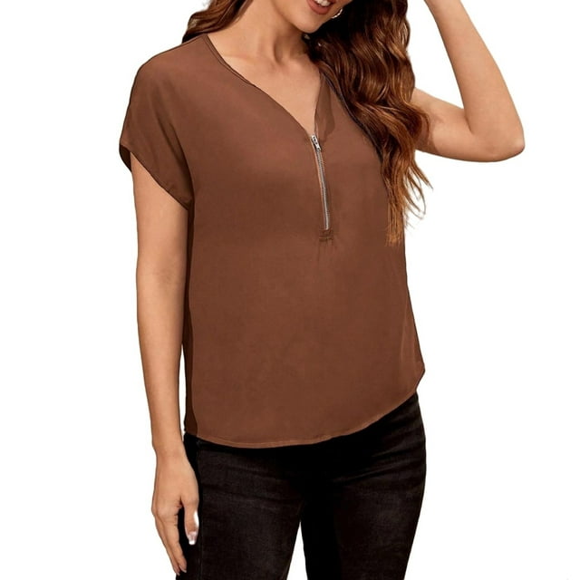 Casual Plain Round Neck Shirt Short Sleeve Brown Women Blouses (Women's ...