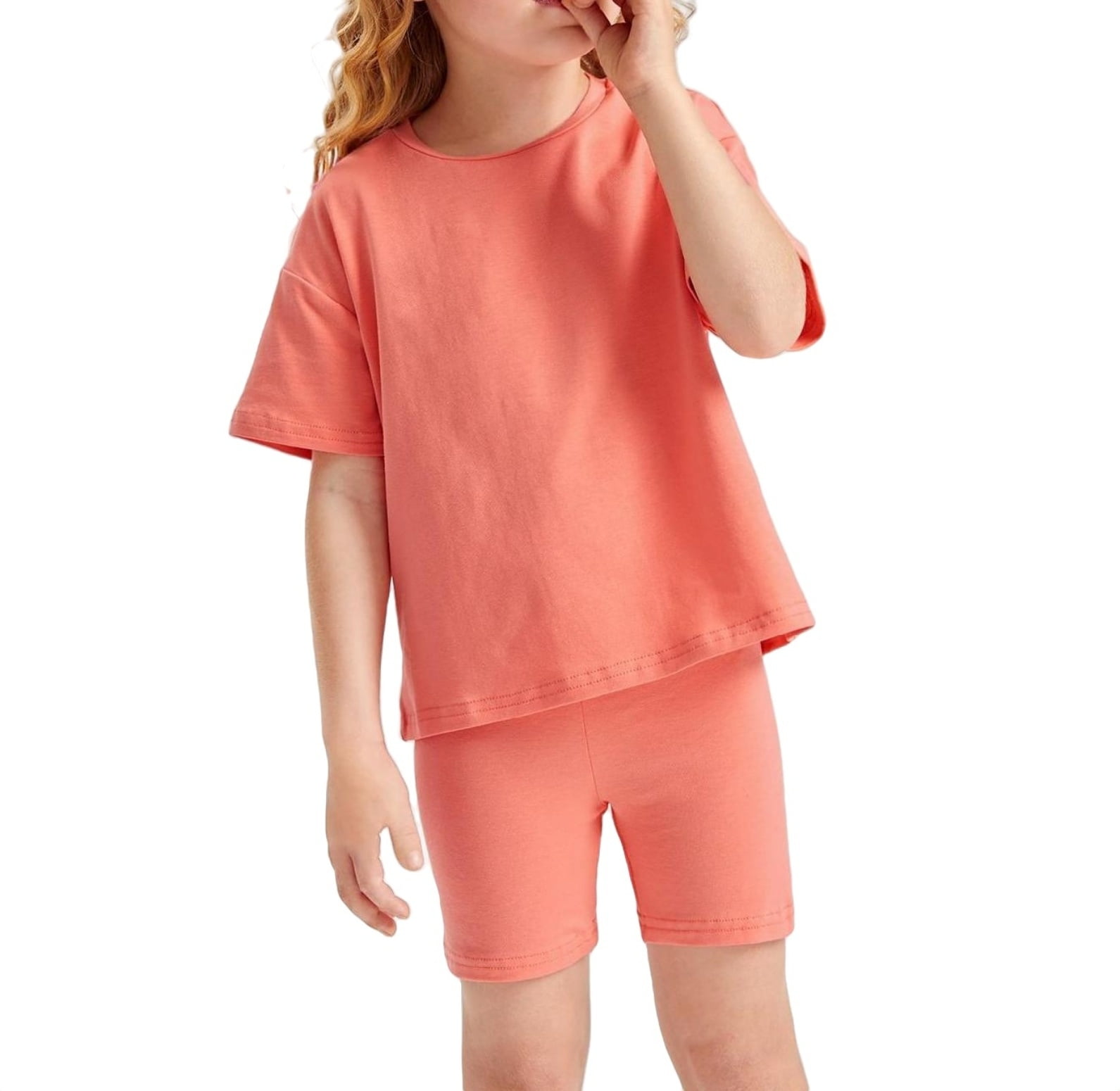 Casual Plain Round Neck Top Biker Shorts Set Short Sleeve Coral Orange ...