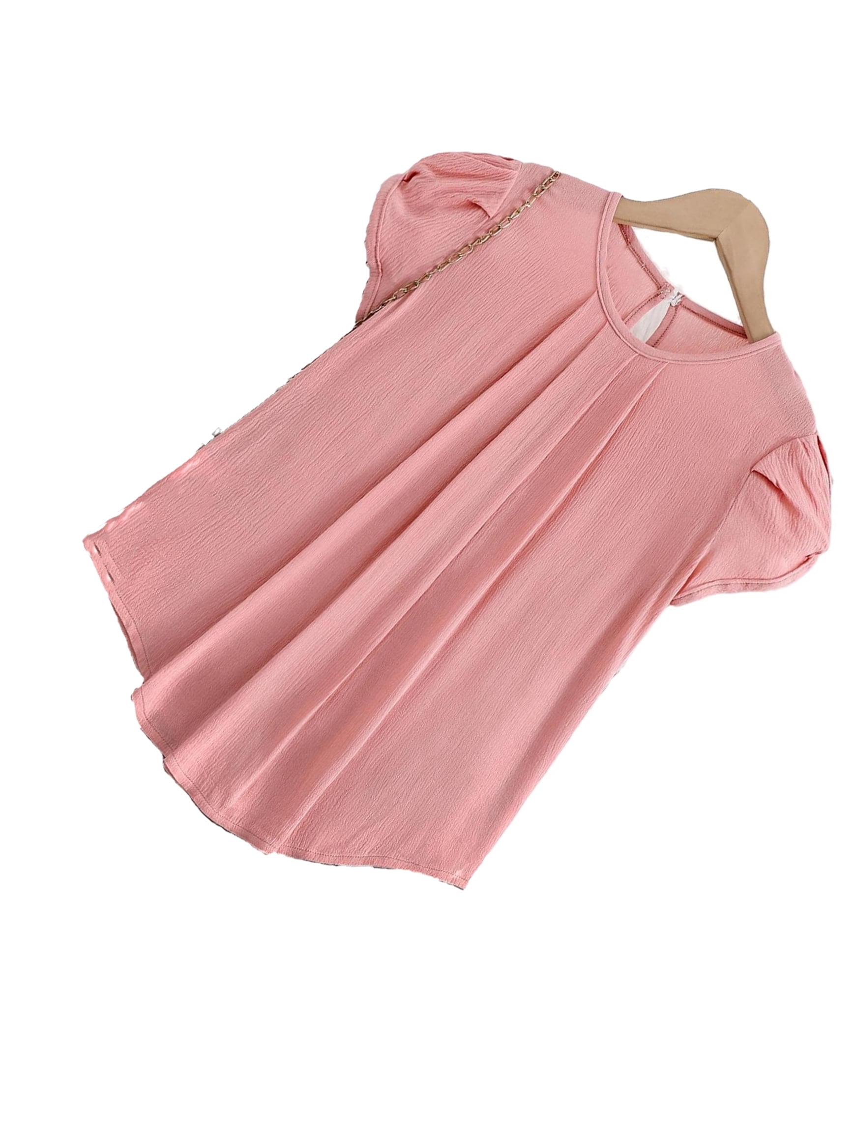 Casual Plain Round Neck Top Short Sleeve Pink Color Tween Girls Blouses ...