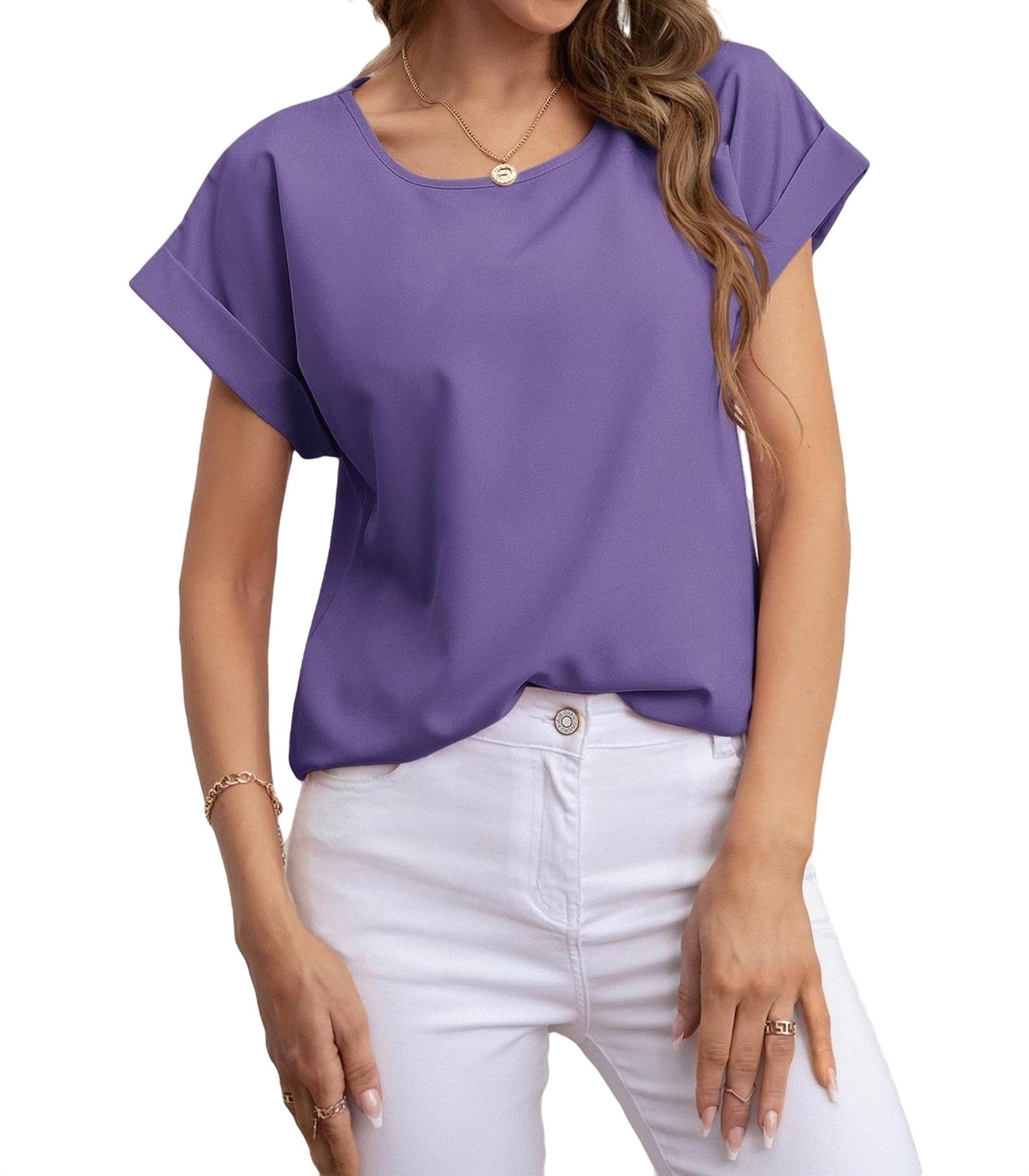 Casual Plain Round Neck Top Short Sleeve Purple Color Women Blouses ...