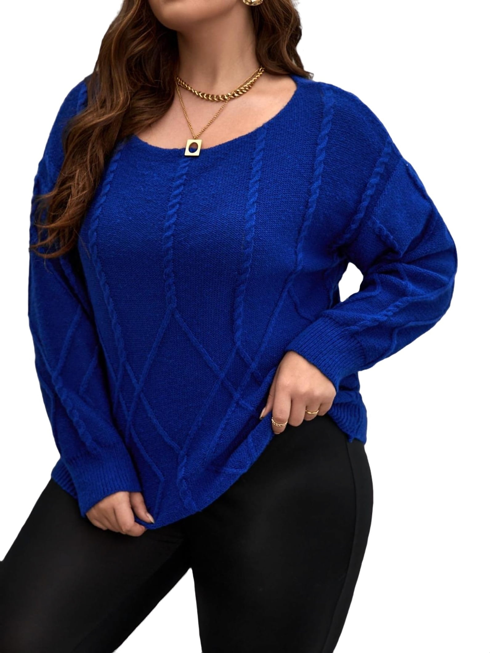 Casual Plain Scoop Neck Pullovers Long Sleeve Royal Blue Plus Size ...