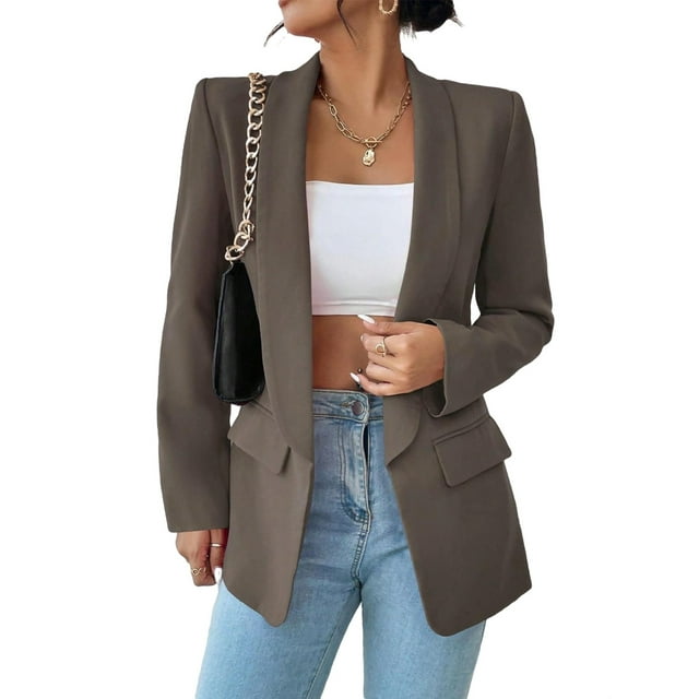 Casual Plain Shawl Collar Dark Grey Women Blazers