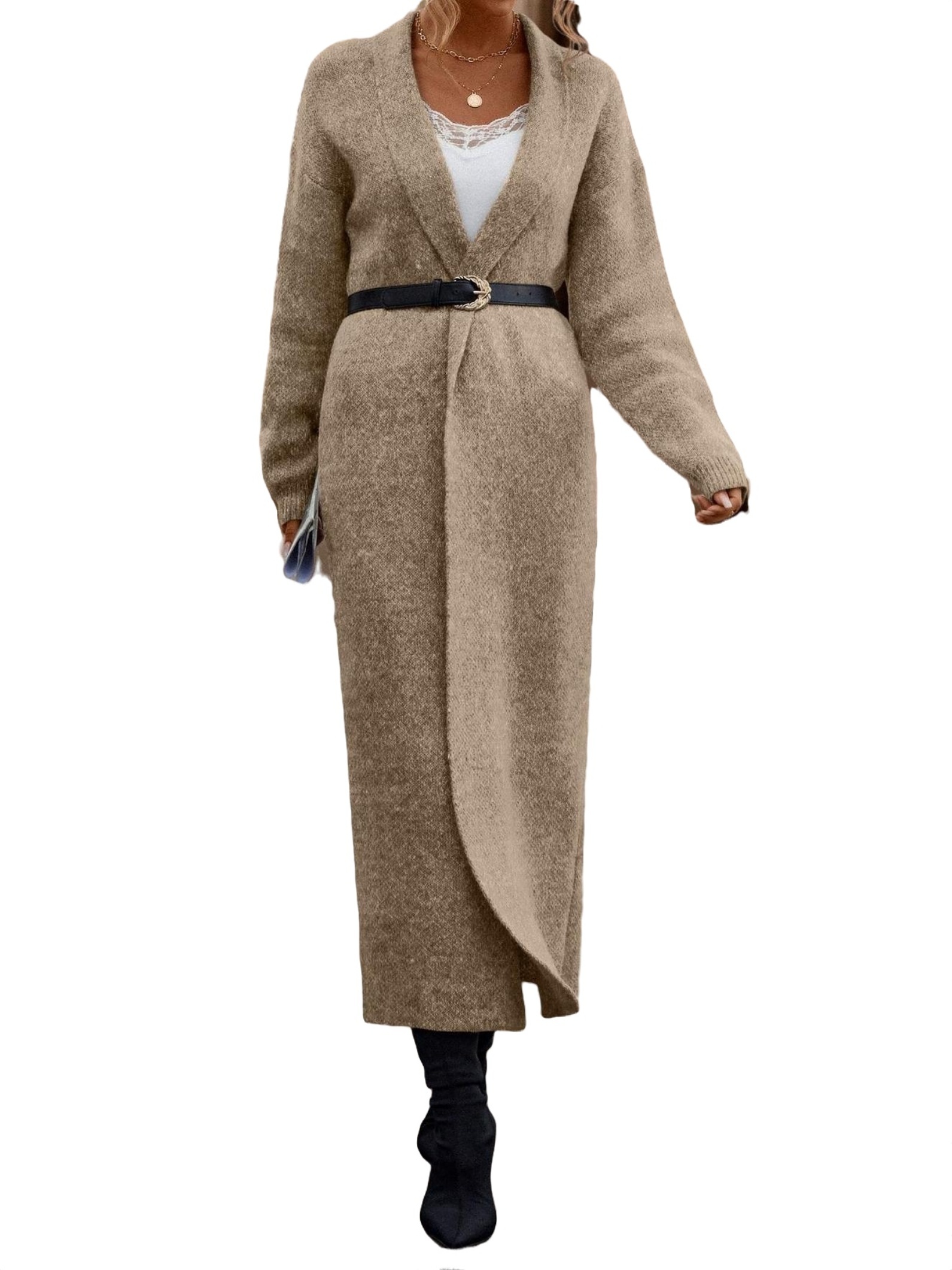 Casual Plain Shawl Collar Long Sleeve Khaki Women Cardigans (Women's ...