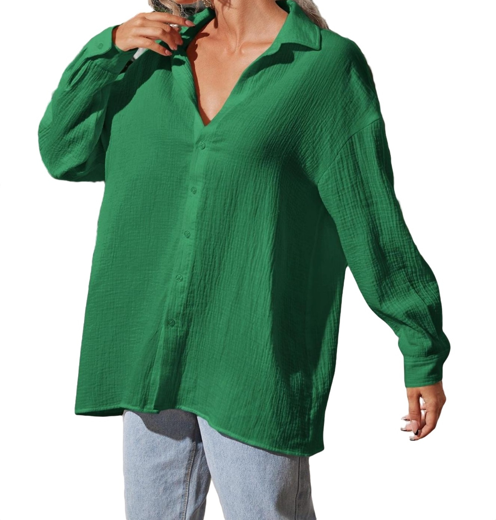 Casual Plain Shirt Collar Green Long Sleeve Women's Blouses M (6 ...
